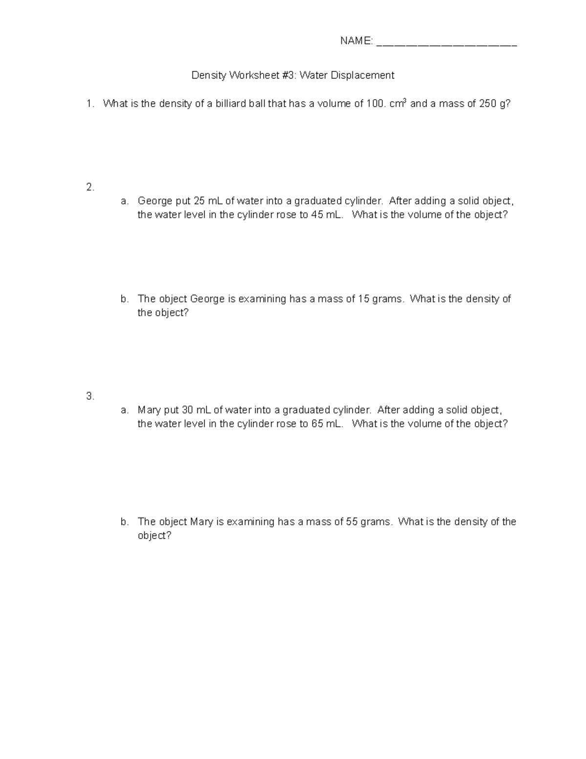 Density and Temperature Practice - NAME ...