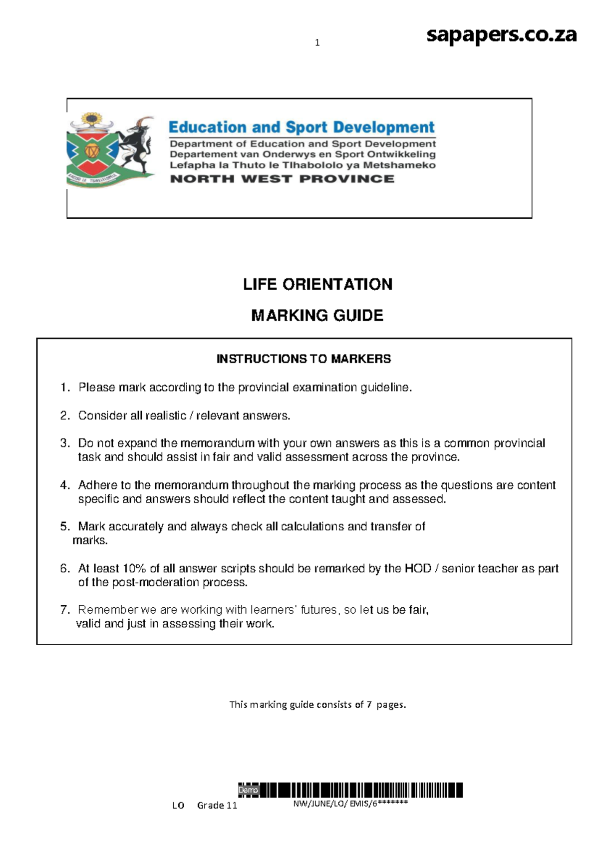 Life Orientation GR 11 MEMO - 1 Demo NW/JUNE/LO/ EMIS/6******* LIFE ...