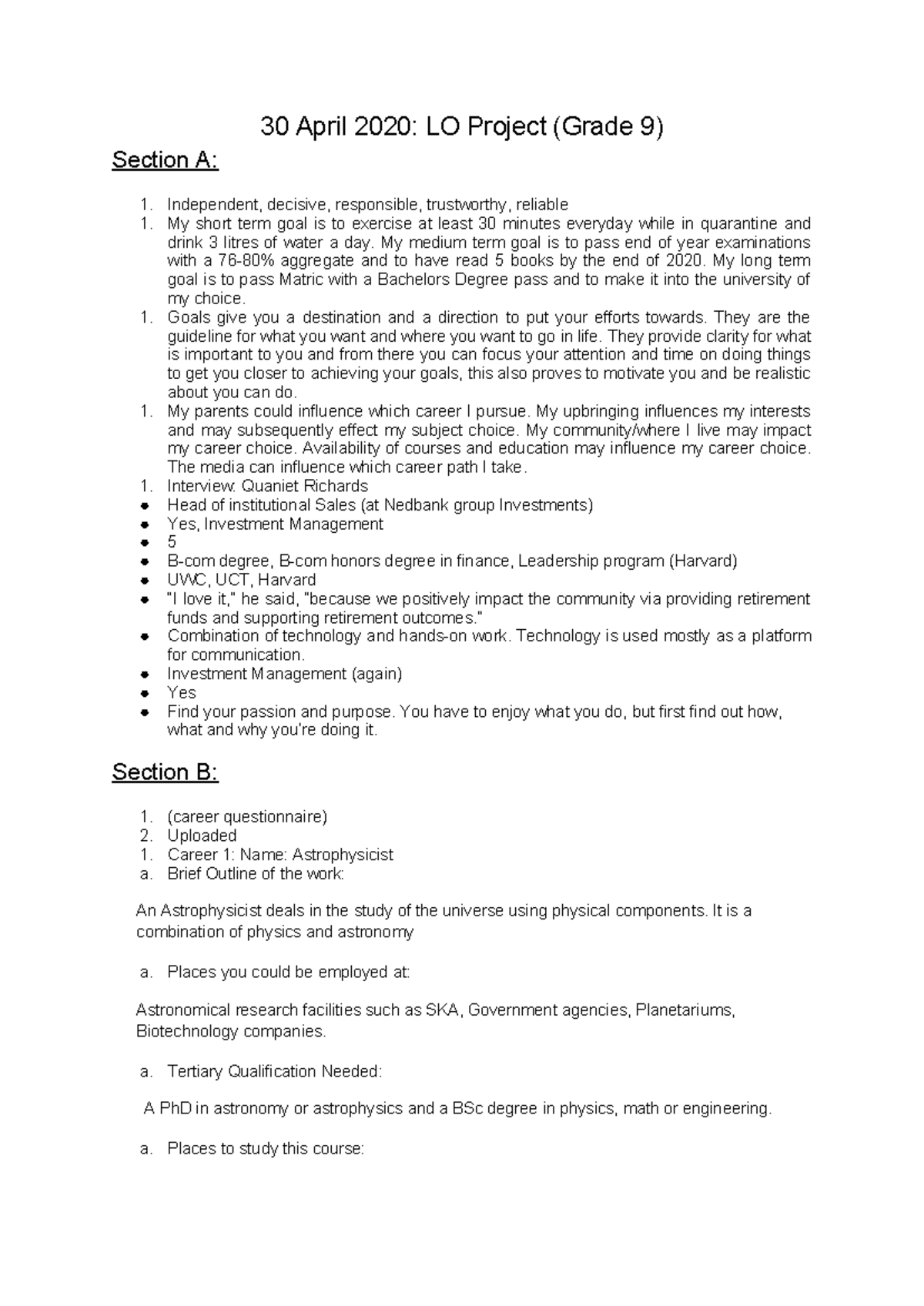 LO Project - subjects and career choices - 30 April 2020: LO Project ...