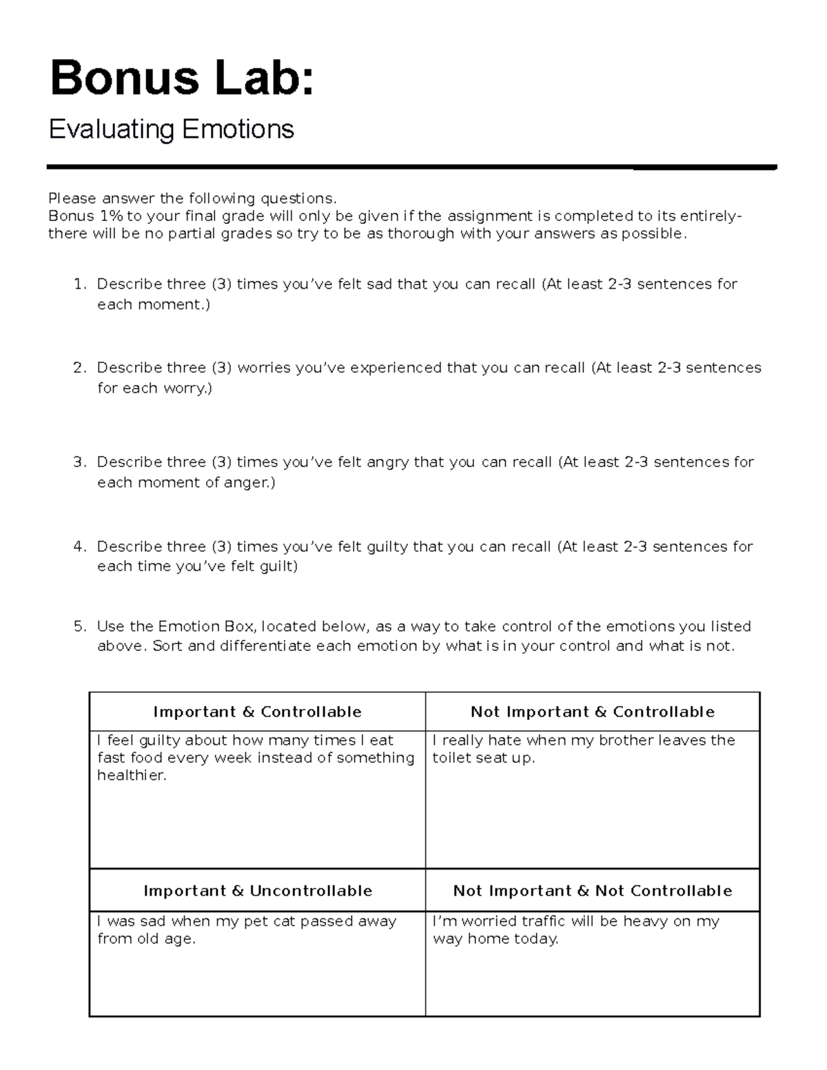 Bonus Lab - good - Bonus Lab: Evaluating Emotions Please answer the following questions. Bonus 1 ...