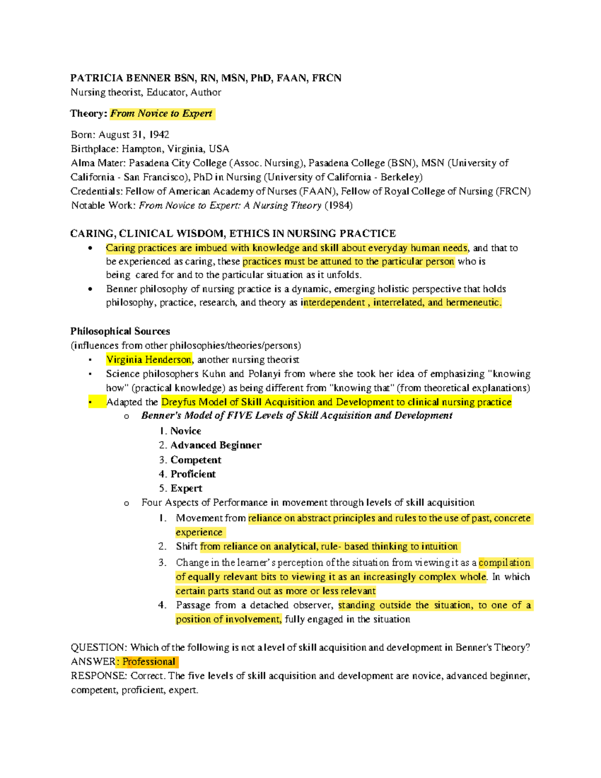 Lesson 5- Patricia Benner - PATRICIA BENNER BSN, RN, MSN, PhD, FAAN ...