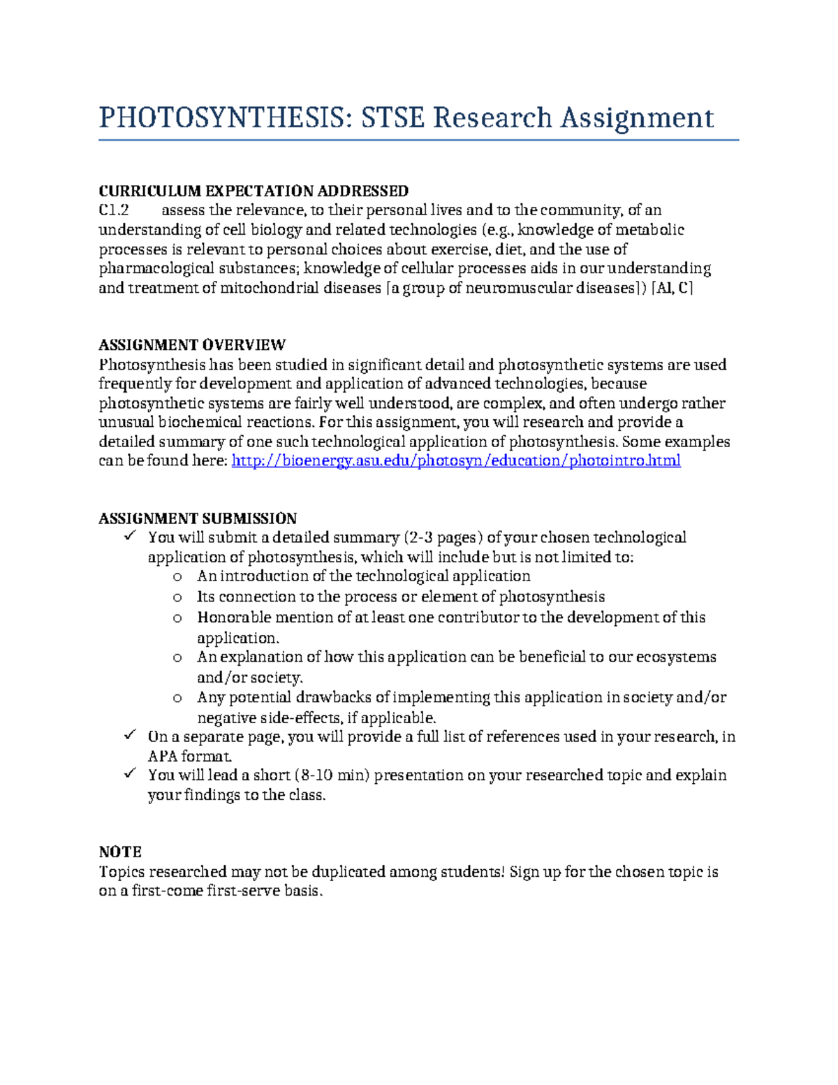 Stse research assignment - PHOTOSYNTHESIS: STSE Research Assignment ...