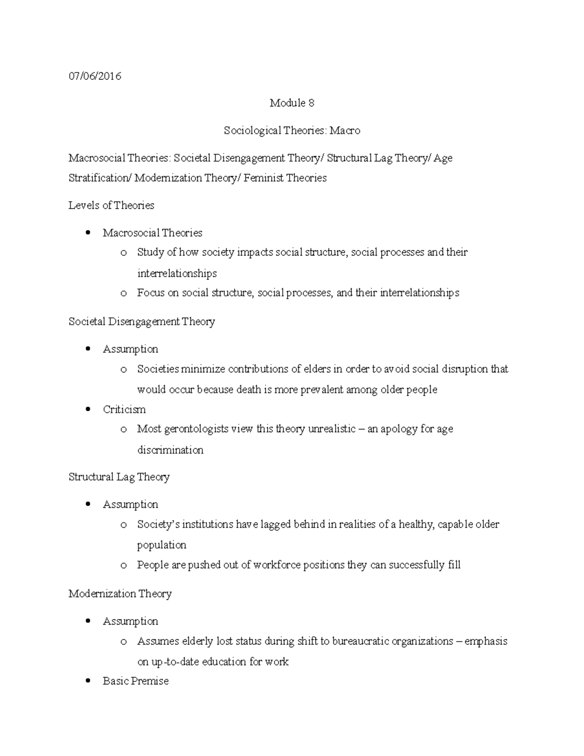 Module 8 Notes - Sociological Theories: Macro Societal Disengagement ...