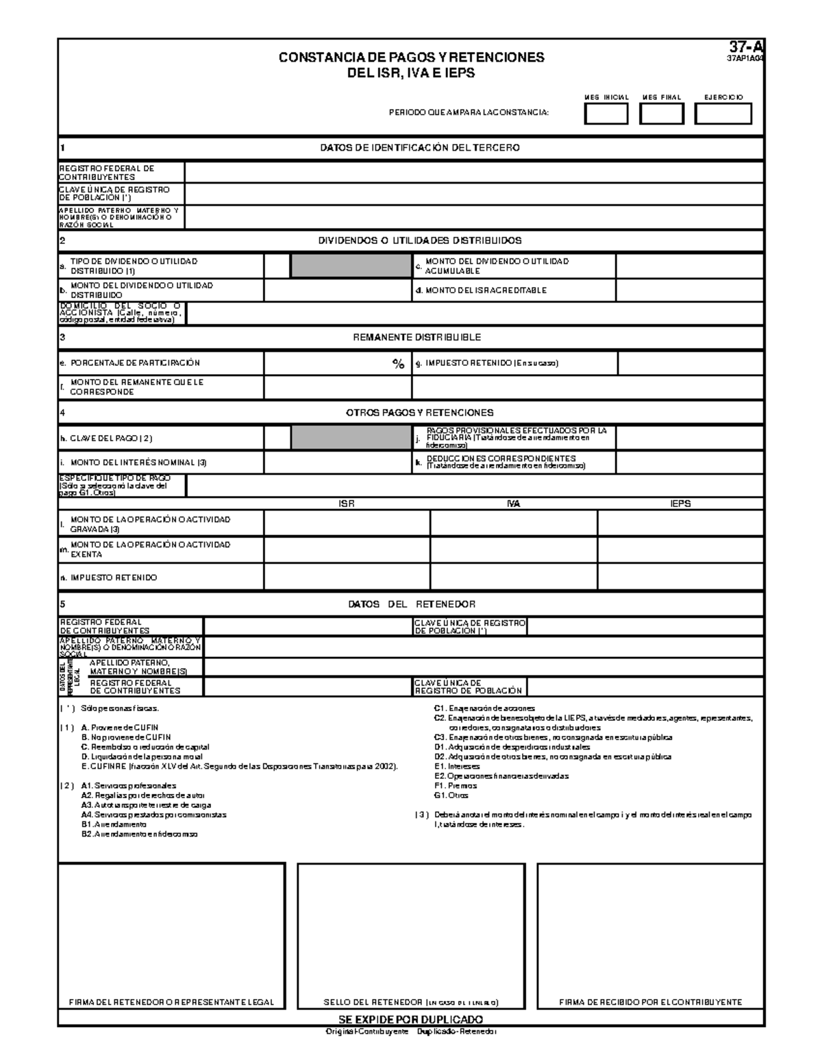 formulario del sat - 37-A CONSTANCIA DE PAGOS Y RETENCIONES DEL ISR ...