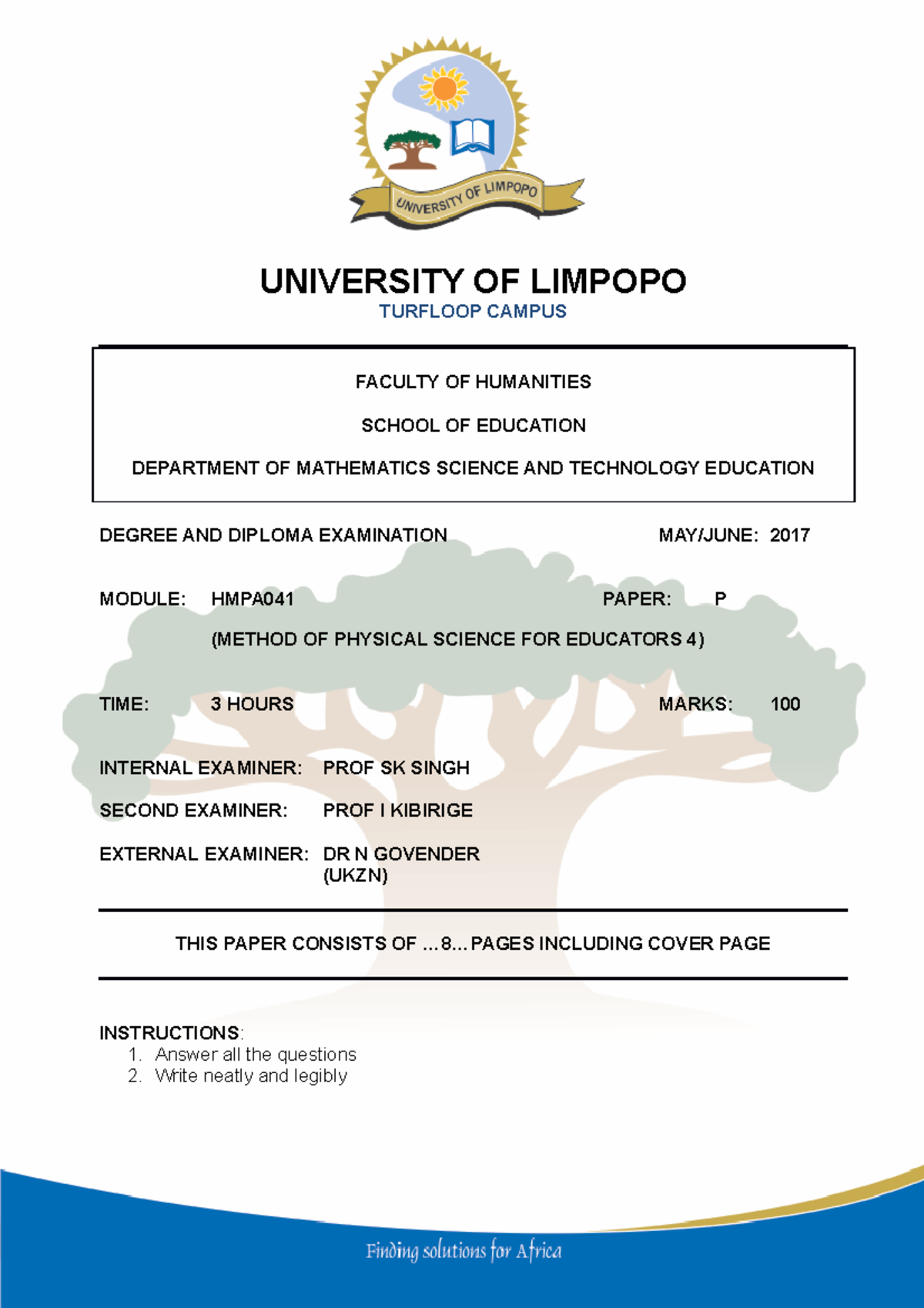Exam June 2017 - UNIVERSITY OF LIMPOPO TURFLOOP CAMPUS FACULTY OF ...