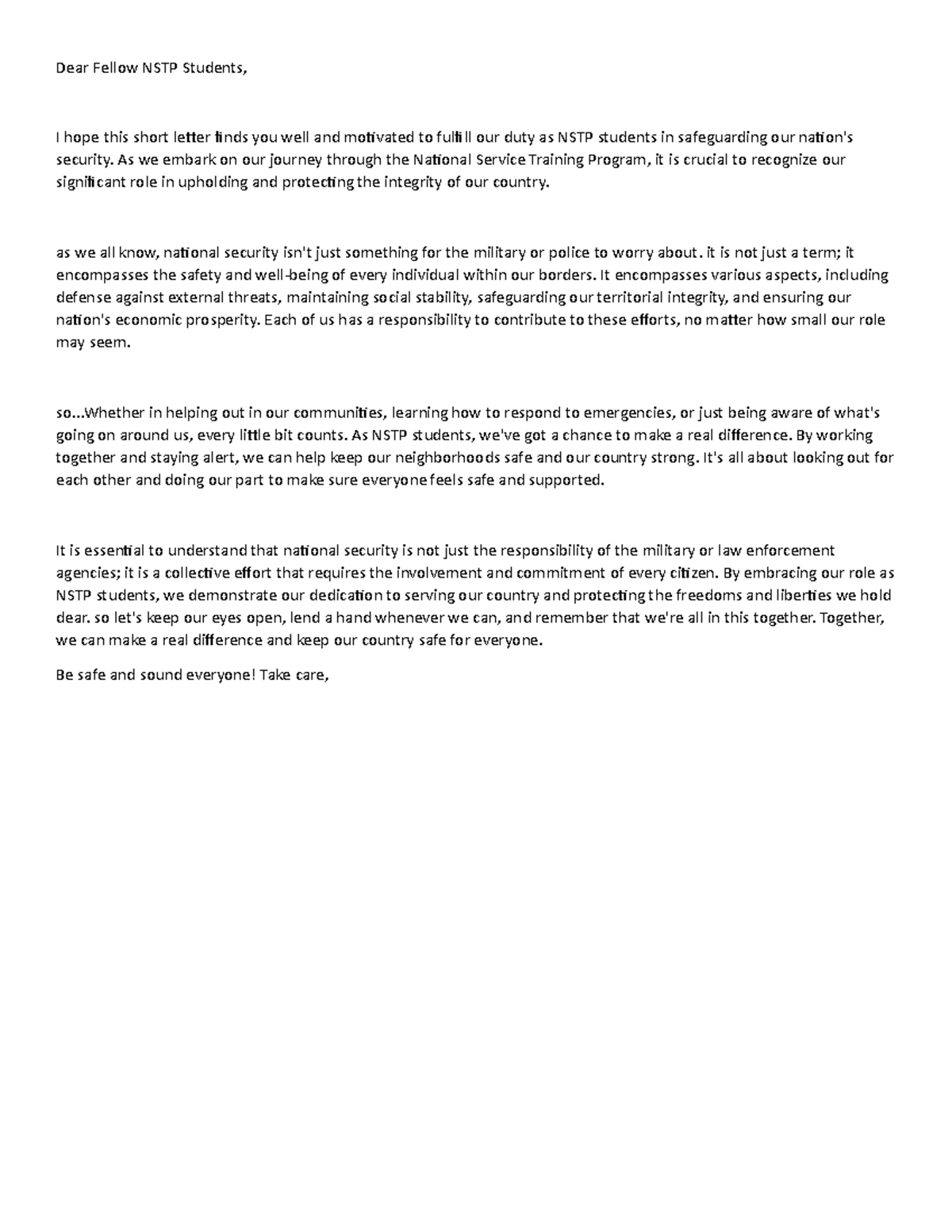 Nstp letter - Dear Fellow NSTP Students, I hope this short letter finds ...