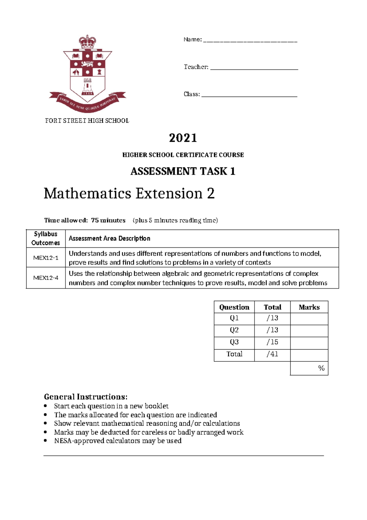 Year 12 Mathematics Ext 2 Task 1 2021 final copy - Name ...