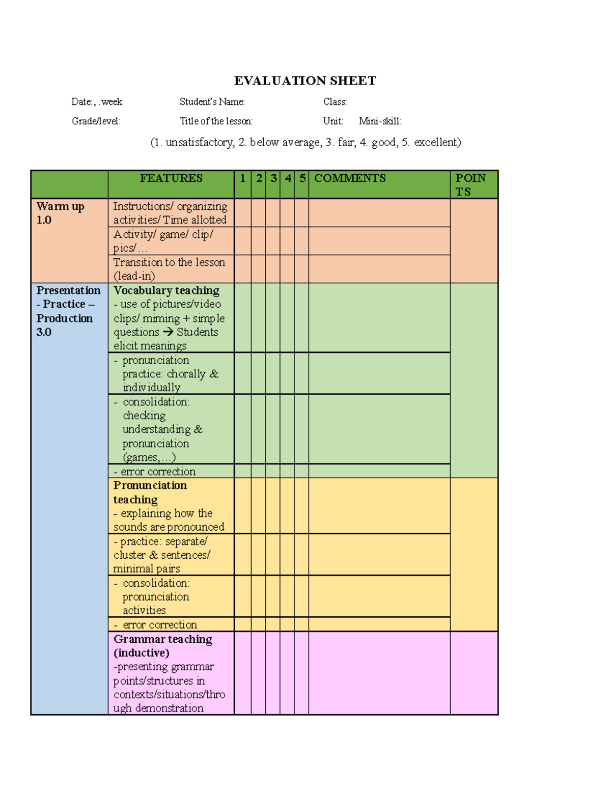 Rubric, Thực tập gd 1 - Sbsbhz - EVALUATION SHEET Date:, .week Student ...