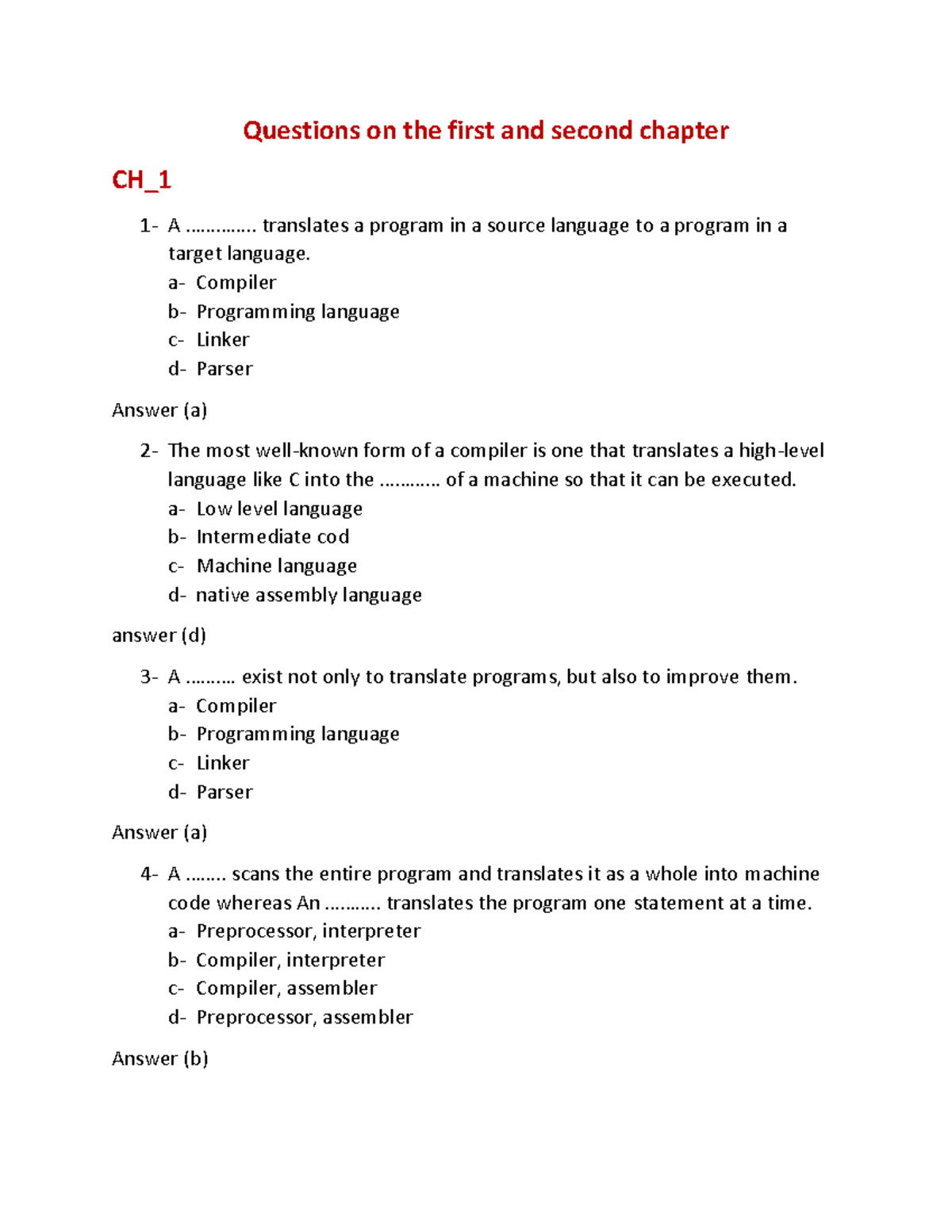 Q ch1 ch2 compiler - practice - Questions on the first and second chapter CH_ 1- A ...
