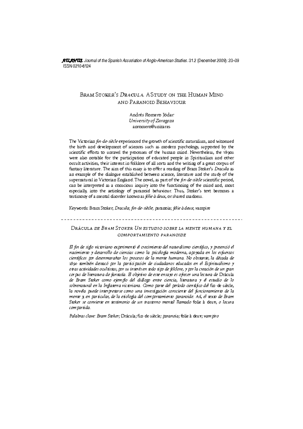 Bram Stoker s Dracula A Study on the Hum - ATLANTIS. Journal of the ...