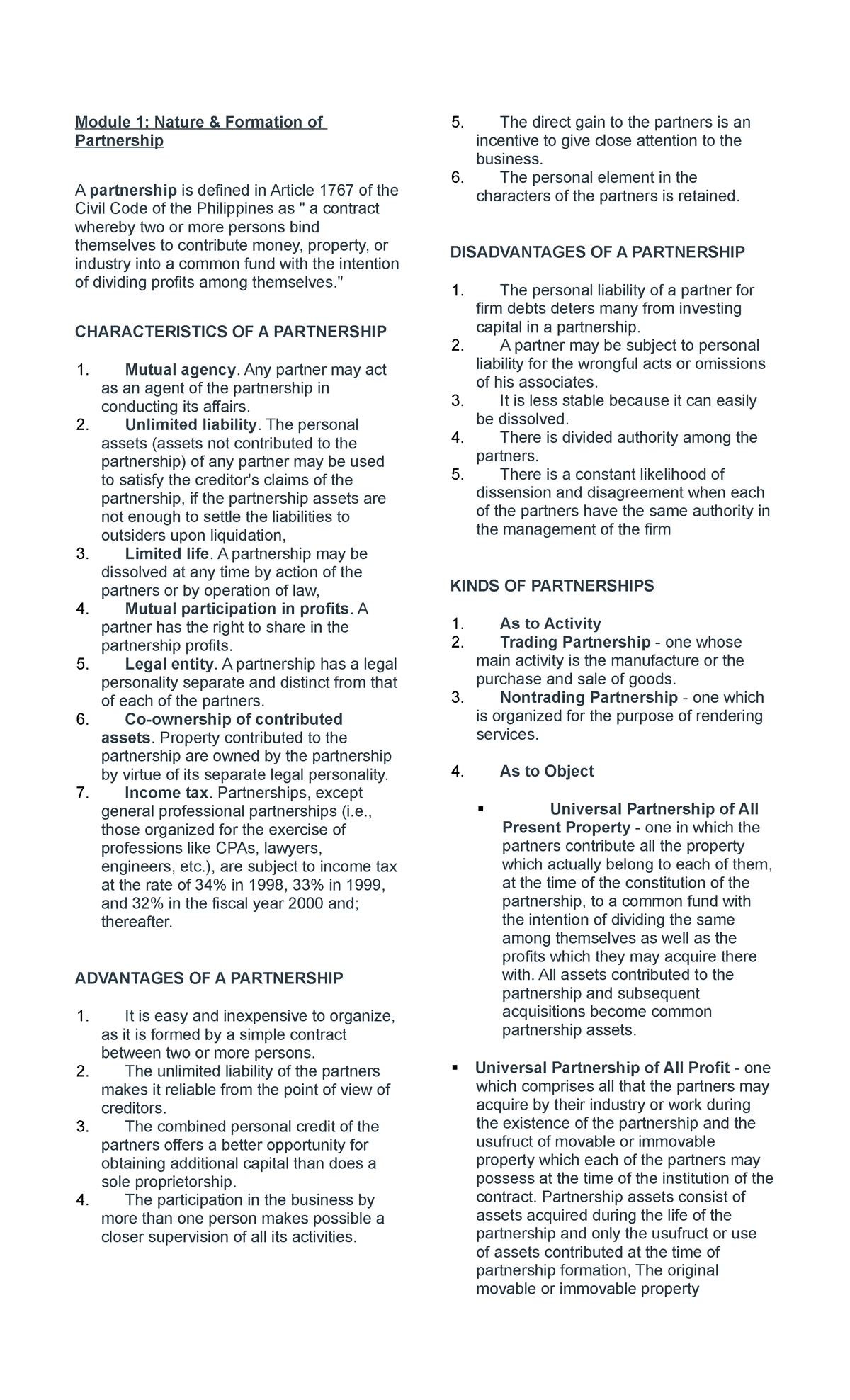 Partnership Notes Module 1-3 - Module 1: Nature & Formation of ...