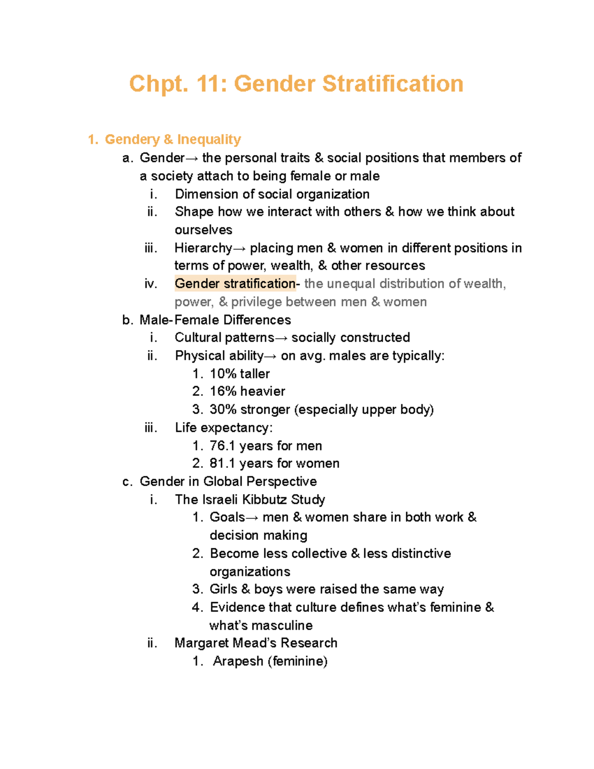 Chpt 11 notes-4 - chapter notes - Chpt. 11: Gender Stratification 1 ...