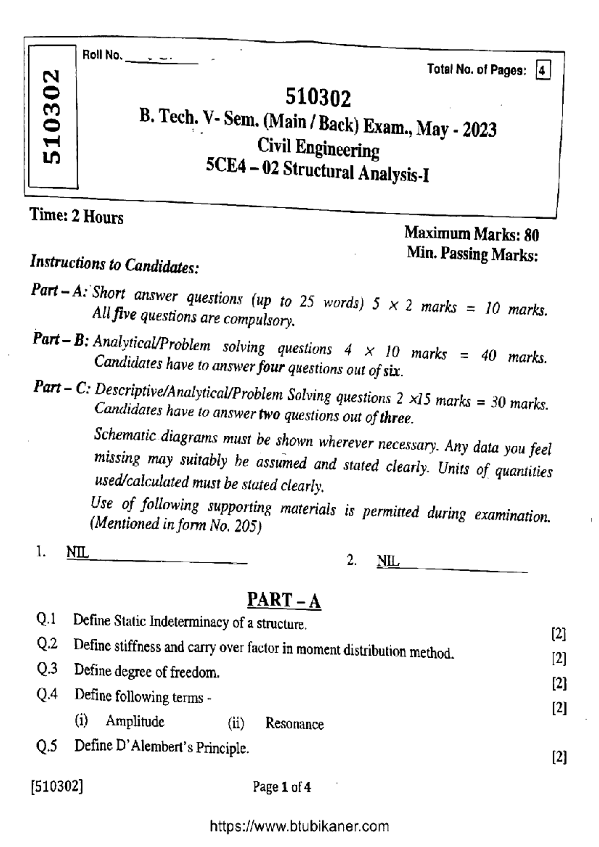Btech-ce-5-sem-structural-analysis-1-510302-may-2023 - Btech - Studocu