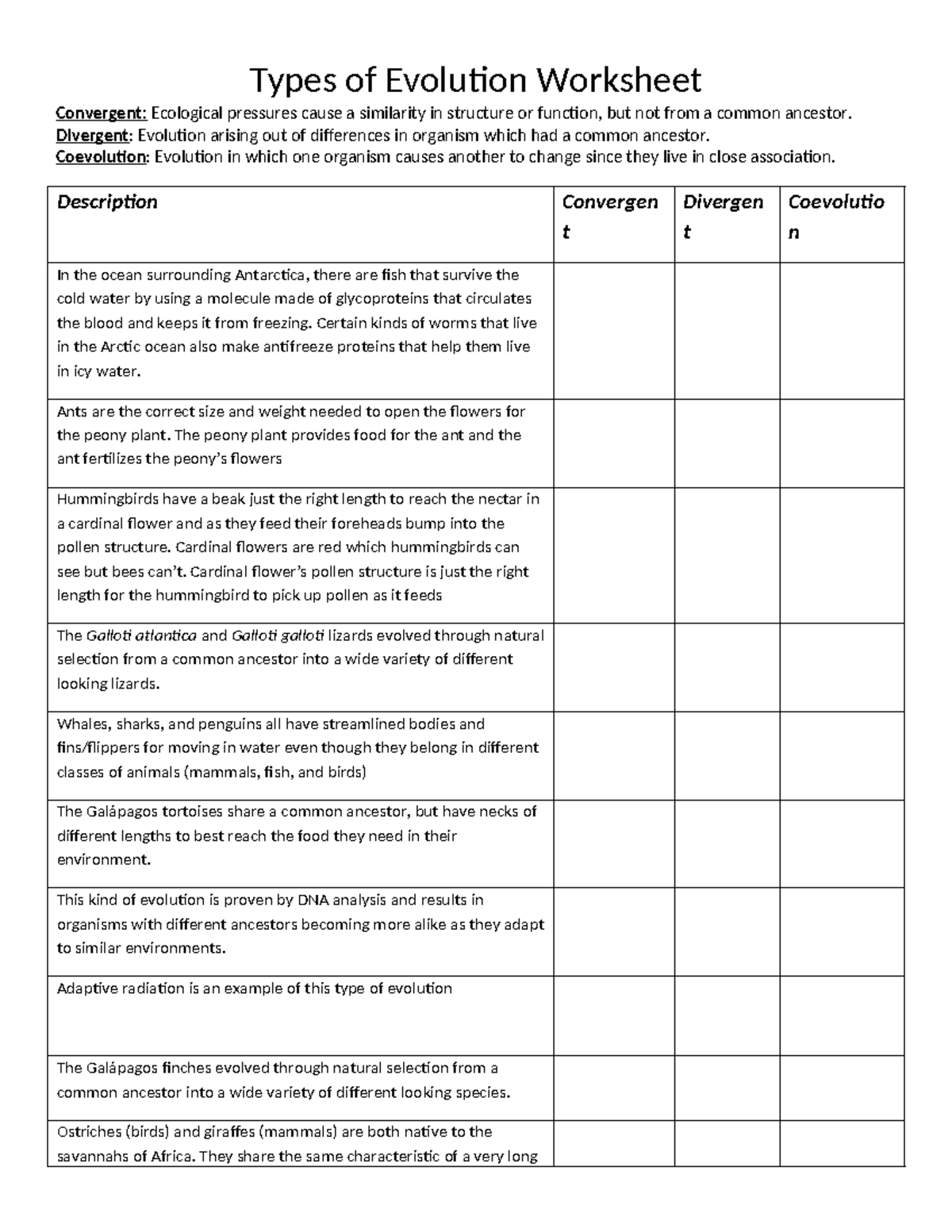 Types of Evolution Worksheet - Types of Evolution Worksheet Convergent ...