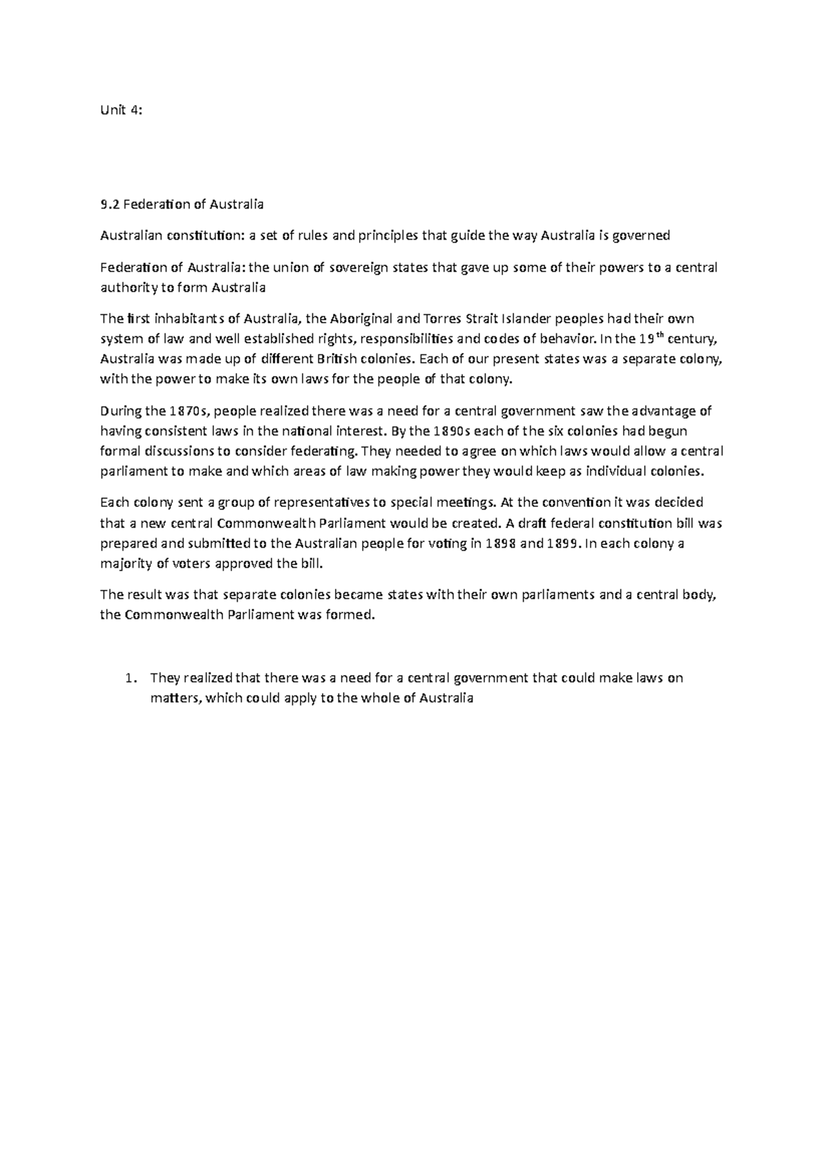 Unit 4 - religion notes - Unit 4: 9 Federation of Australia Australian ...