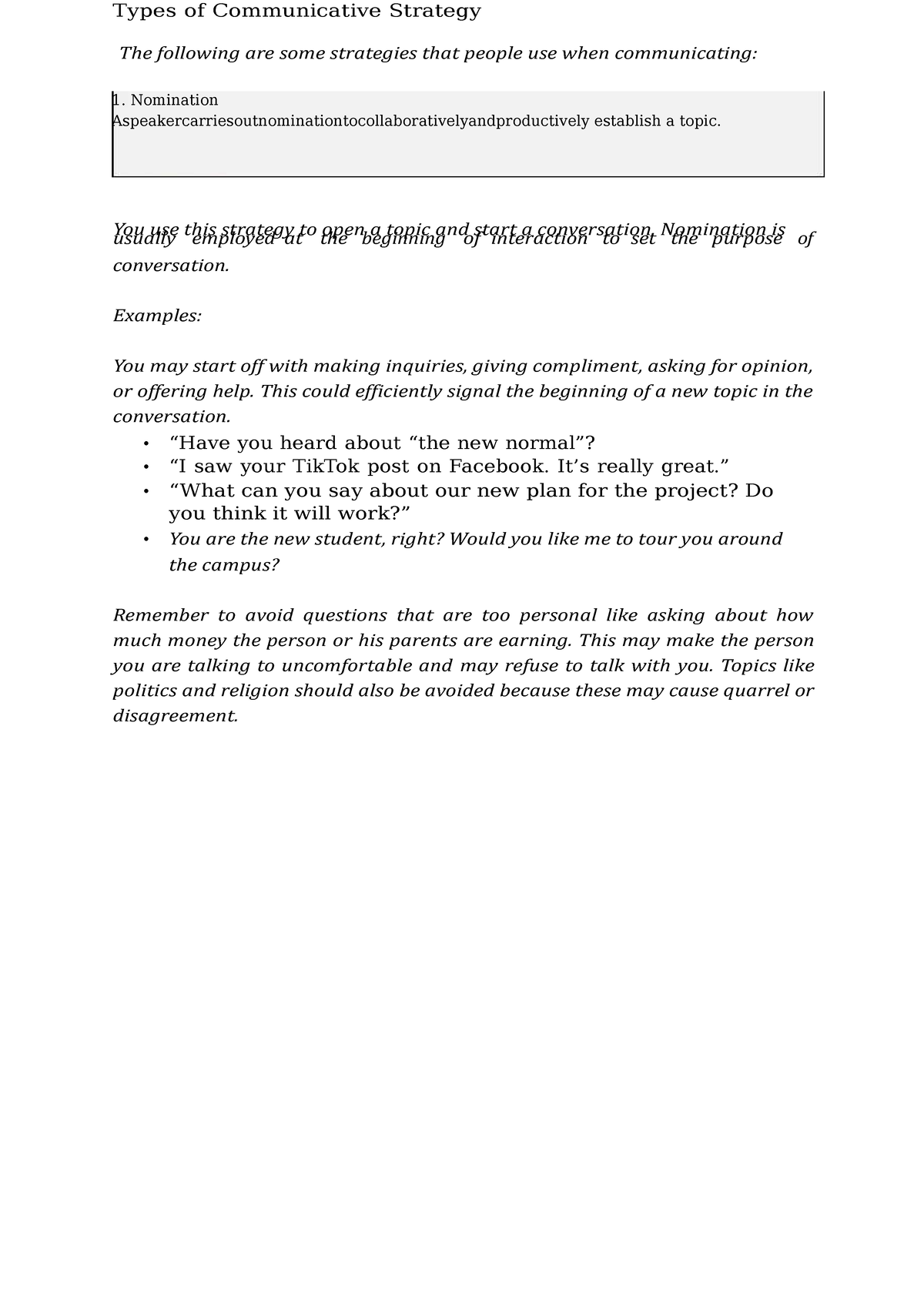 Types of Communicative Strategy - Nomination - Studocu