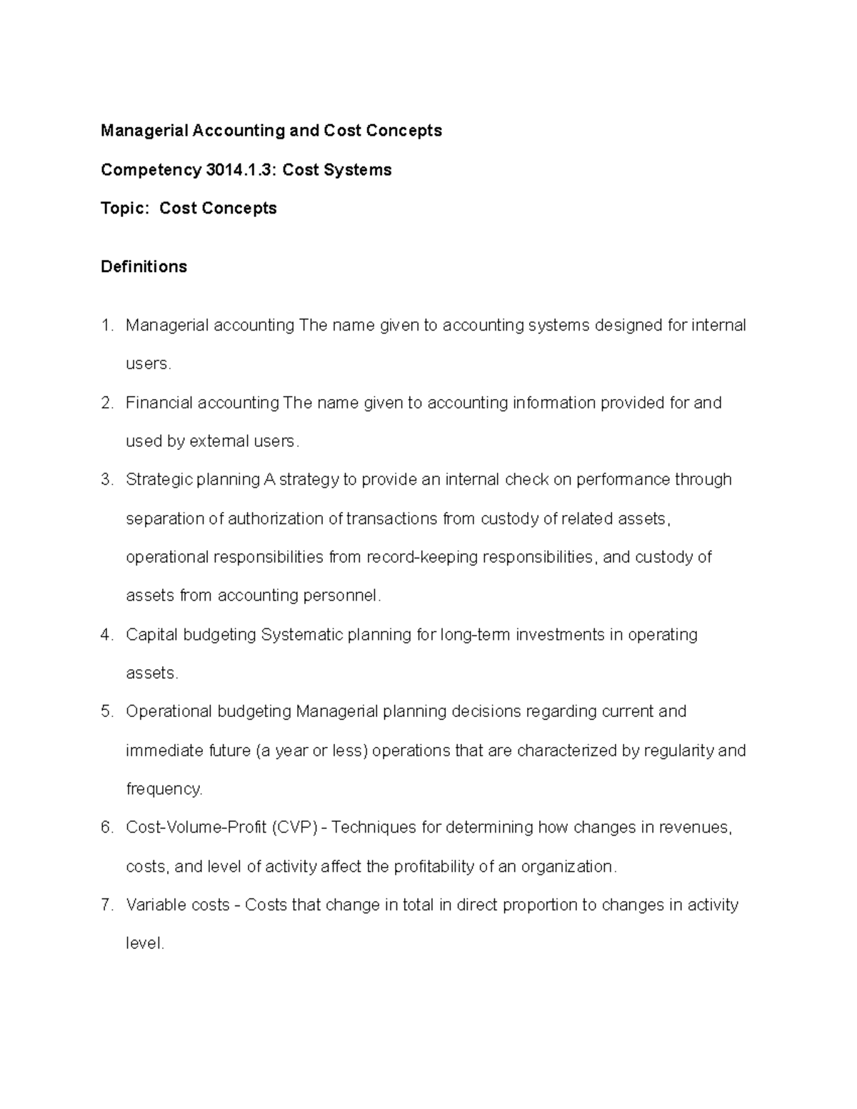 C213 Cost Concepts - Study Guide Worksheets - Managerial Accounting and ...