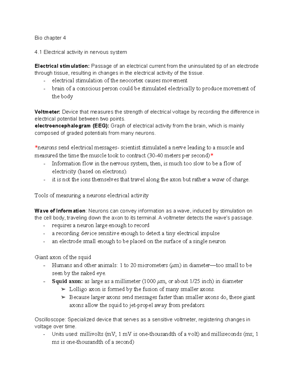 Bio chapter 4 - Lecture notes 4 - Bio chapter 4 4 Electrical activity ...