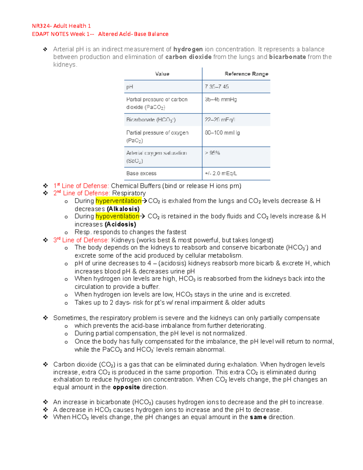 Edapt Notes Week 1- Altered Acid- Base Balance - NR324- Adult Health 1 ...