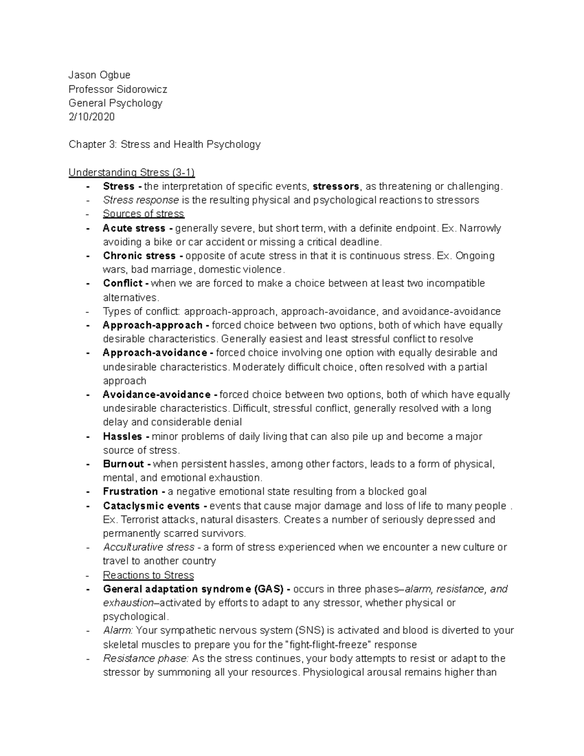 PSY 203 Chapter 3 - Notes centering on Stress and Health Psychology ...