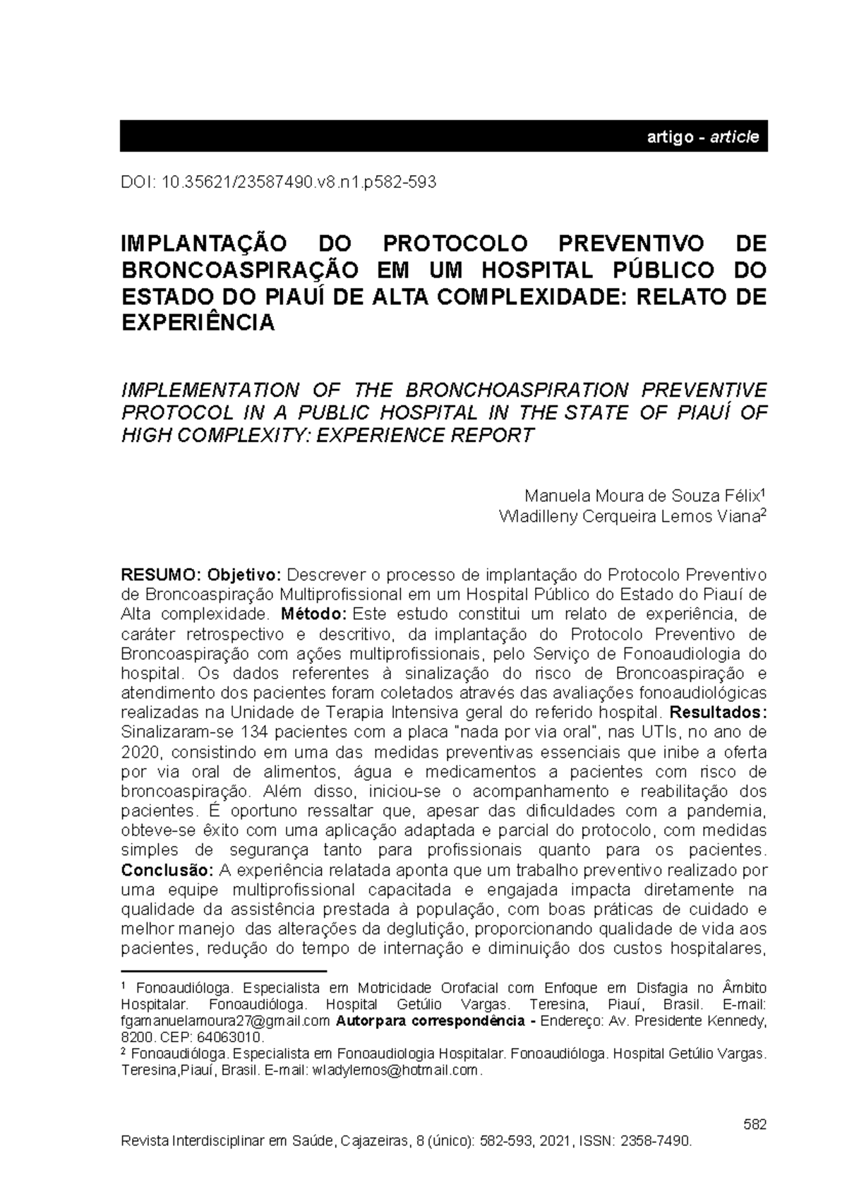 Artigo implantação de prot - 582 artigo - article DOI: 10.35621 ...