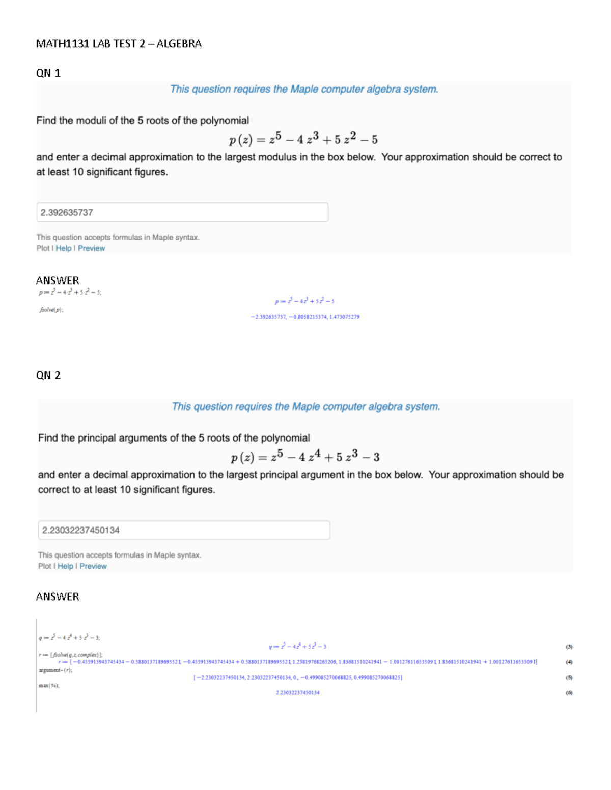 MATH1131 LAB TEST 2 Algebra - MATH1131 - MATH1131 LAB TEST 2 – ALGEBRA ...