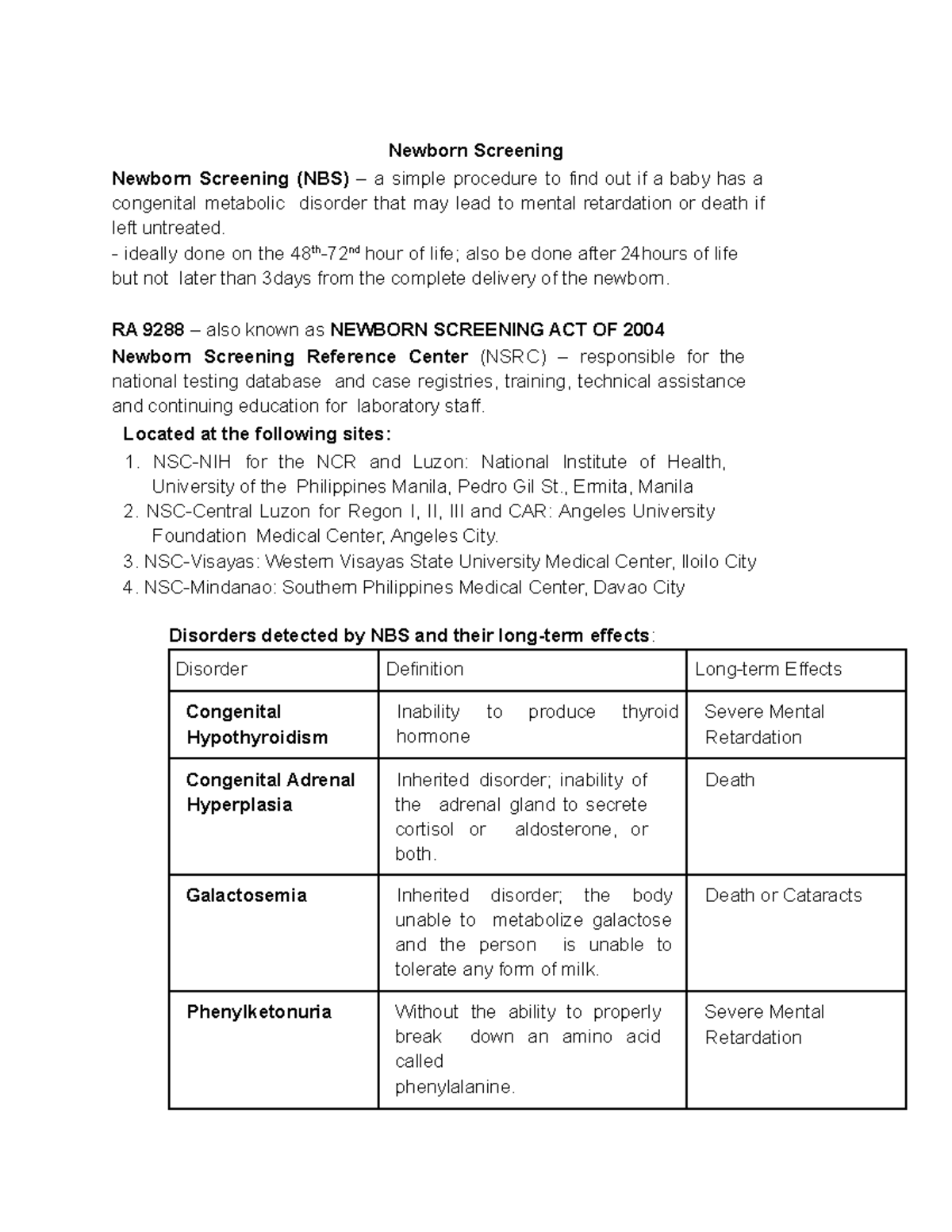 Newborn Screening - reference - Bachelor of Science of Nursing - UBian ...