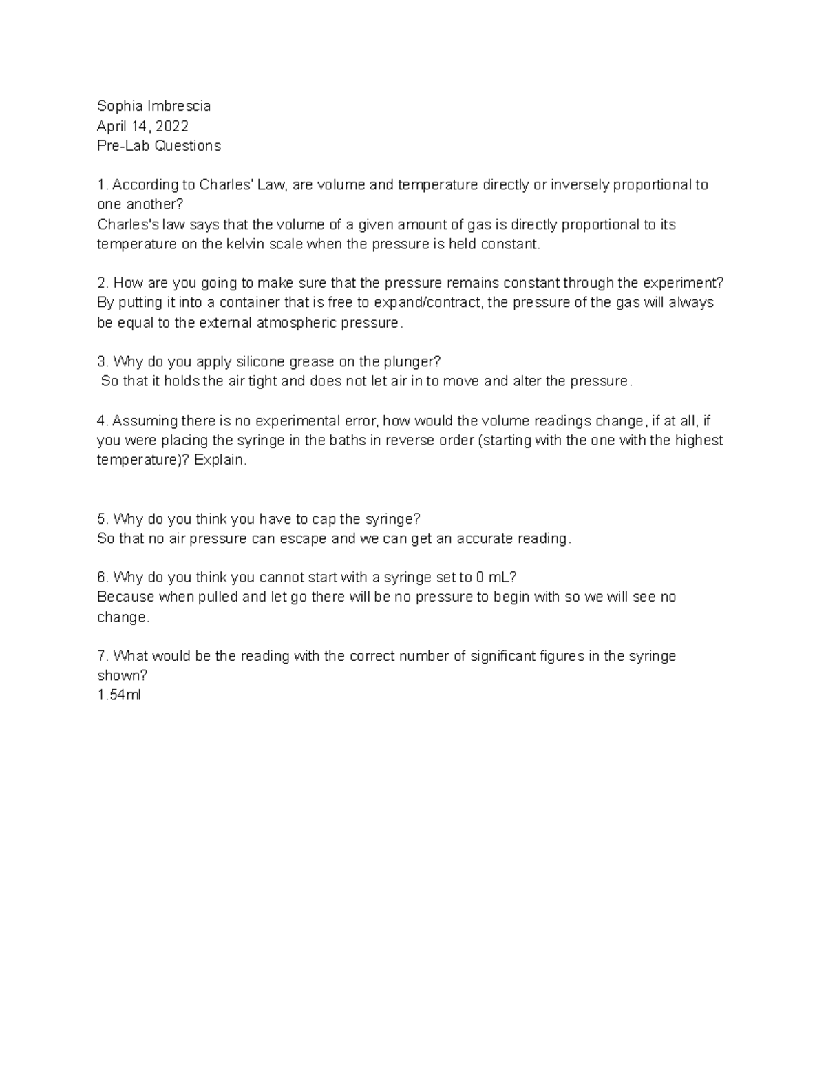Charles law pre lab - notes - Sophia Imbrescia April 14, 2022 Pre-Lab ...
