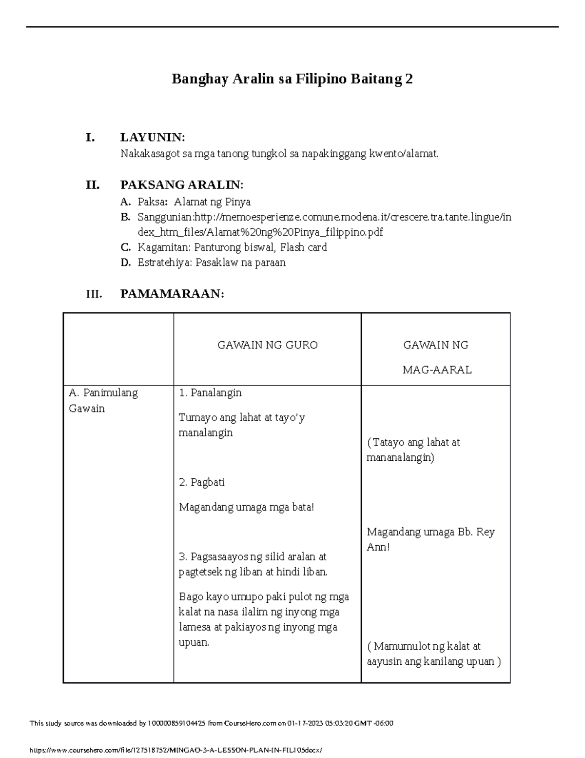 Mingao 3 A Lesson PLAN IN FIL105 - Banghay Aralin sa Filipino Baitang 2 ...