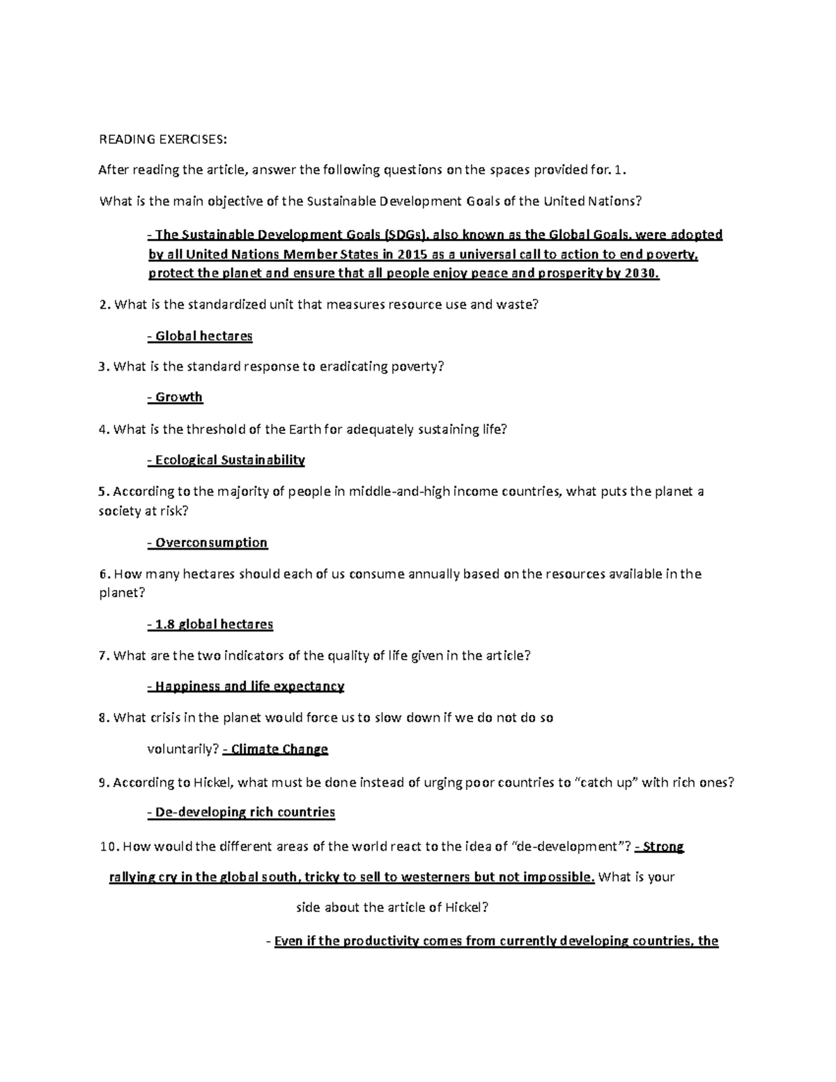 Sustainable Development Goals - READING EXERCISES: After reading the ...