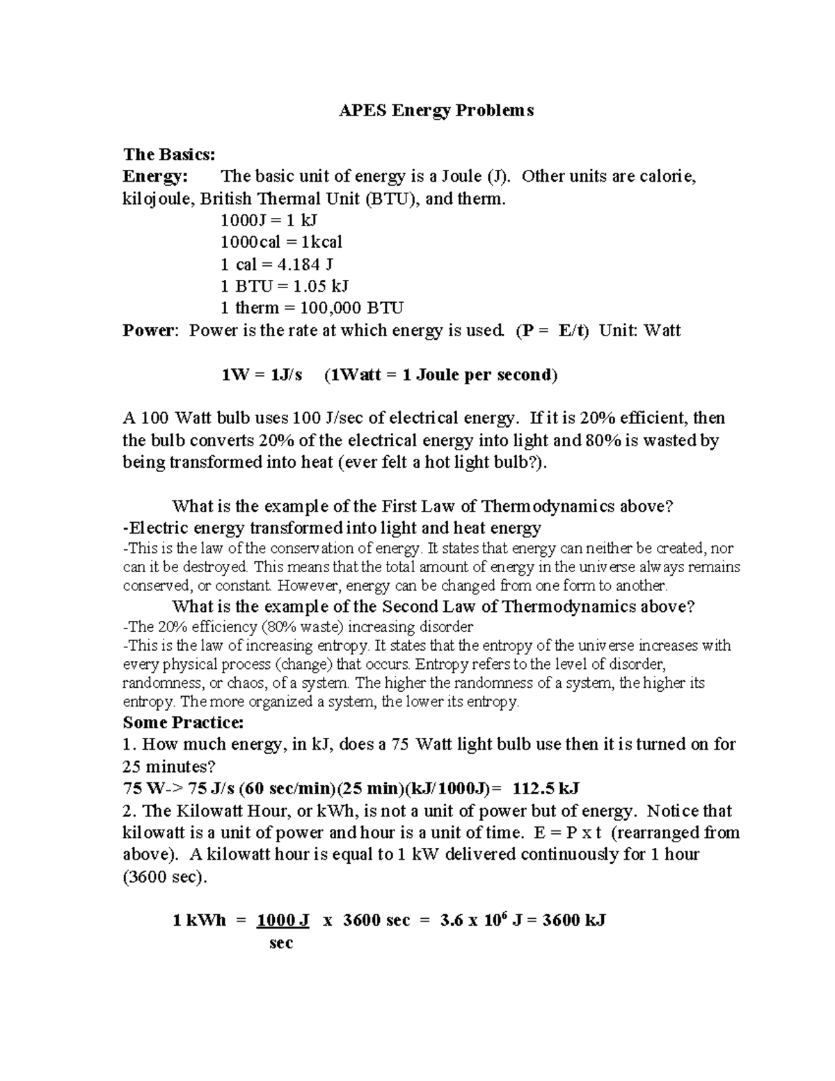APES Energy Problems key - APES Energy Problems The Basics: Energy: The ...