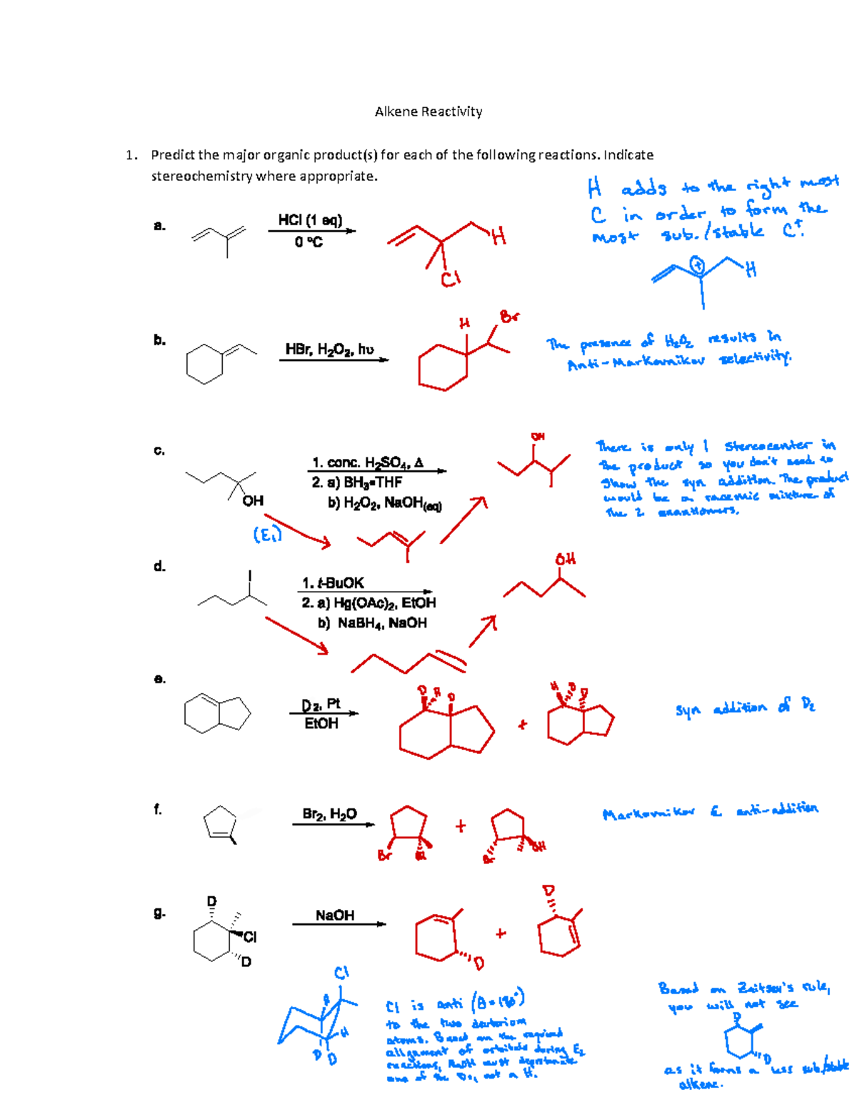 Alkene Reactivity Practice FA20 Key - Alkene Reactivity Predict the ...