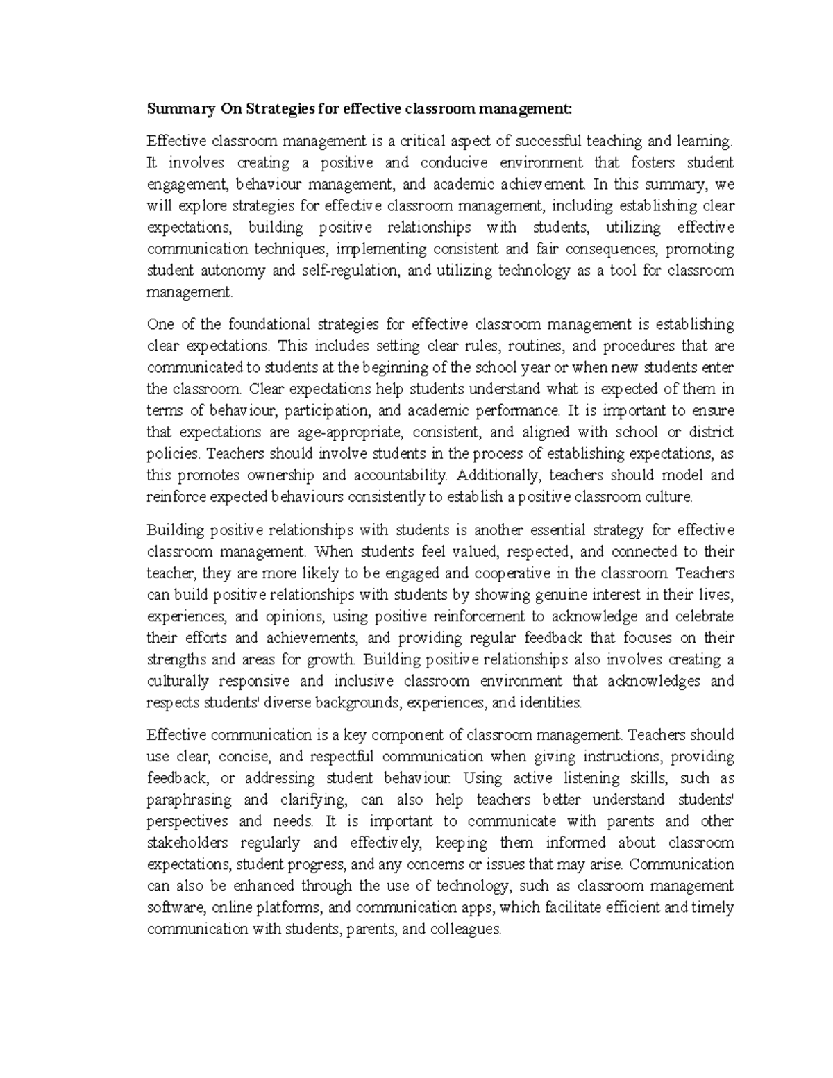 Summary On Strategies for effective classroom management - It involves ...