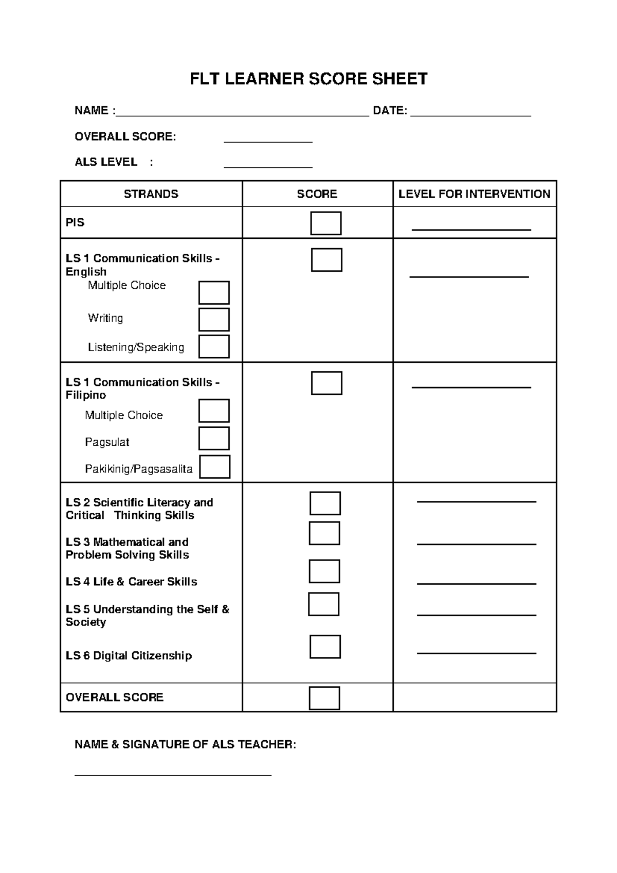Pdfcoffee - EDUCATION PROCESS - FLT LEARNER SCORE SHEET NAME - Studocu
