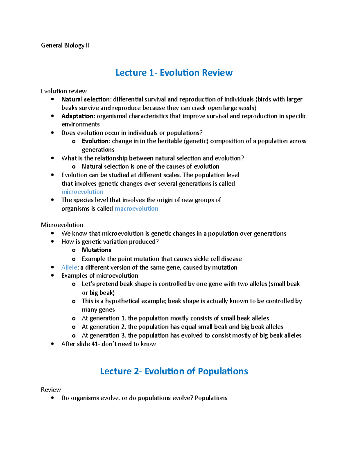 Bio Notes Unit 1 - General Biology II Lecture 1- Evolution Review ...
