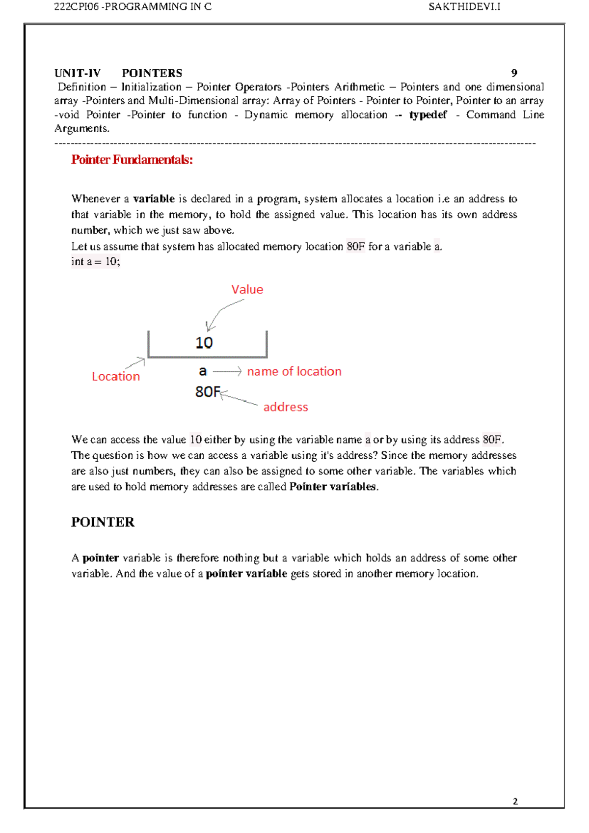 222CPI06-UNIT 4- Notes - UNIT-IV POINTERS 9 Definition – Initialization ...