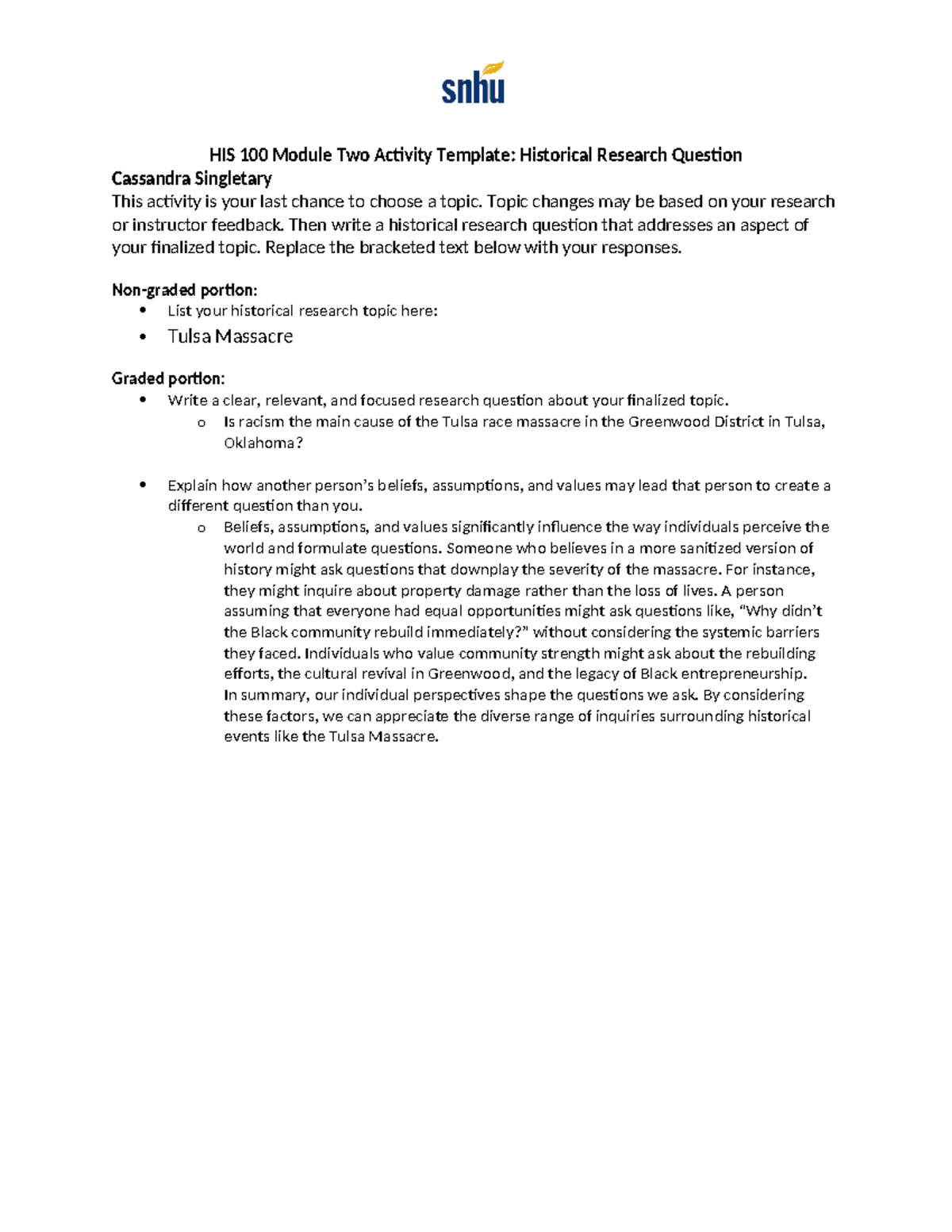 HIS 100 Module Two Activity Research Question Template - HIS 100 Module ...