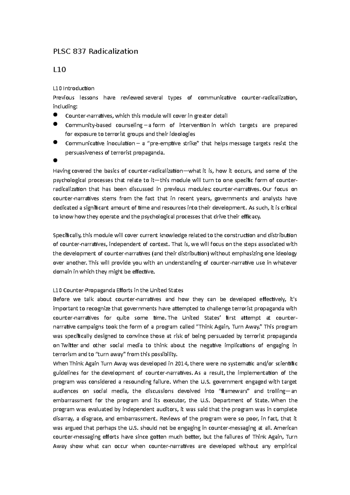 PLSC 837 L10 - Professor John Morrison - PLSC 837 Radicalization L L10 Introduction Previous ...