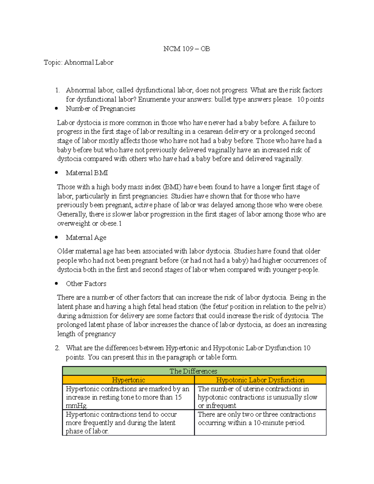 NCM 109 OB Abnormal Labor - NCM 109 – OB Topic: Abnormal Labor Abnormal ...