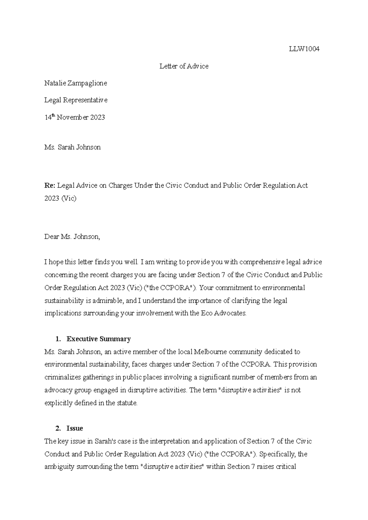 Assessment 3 Letter of Advice - LLW Letter of Advice Natalie ...