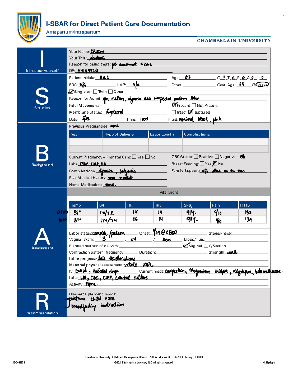 Isbar week 3 maternal - N247 - Chamberlain University - Studocu