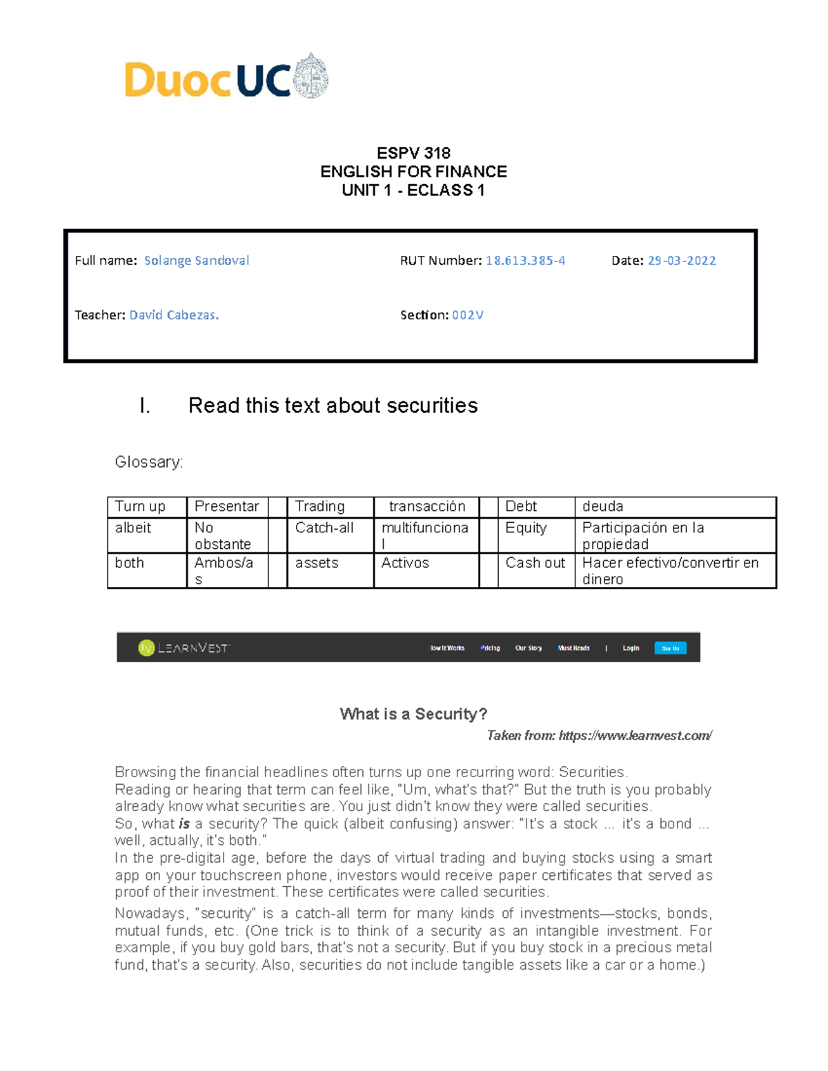 ESPV318 Eclass 1 - UNIT 1- Class 1 - ESPV 318 ENGLISH FOR FINANCE UNIT ...