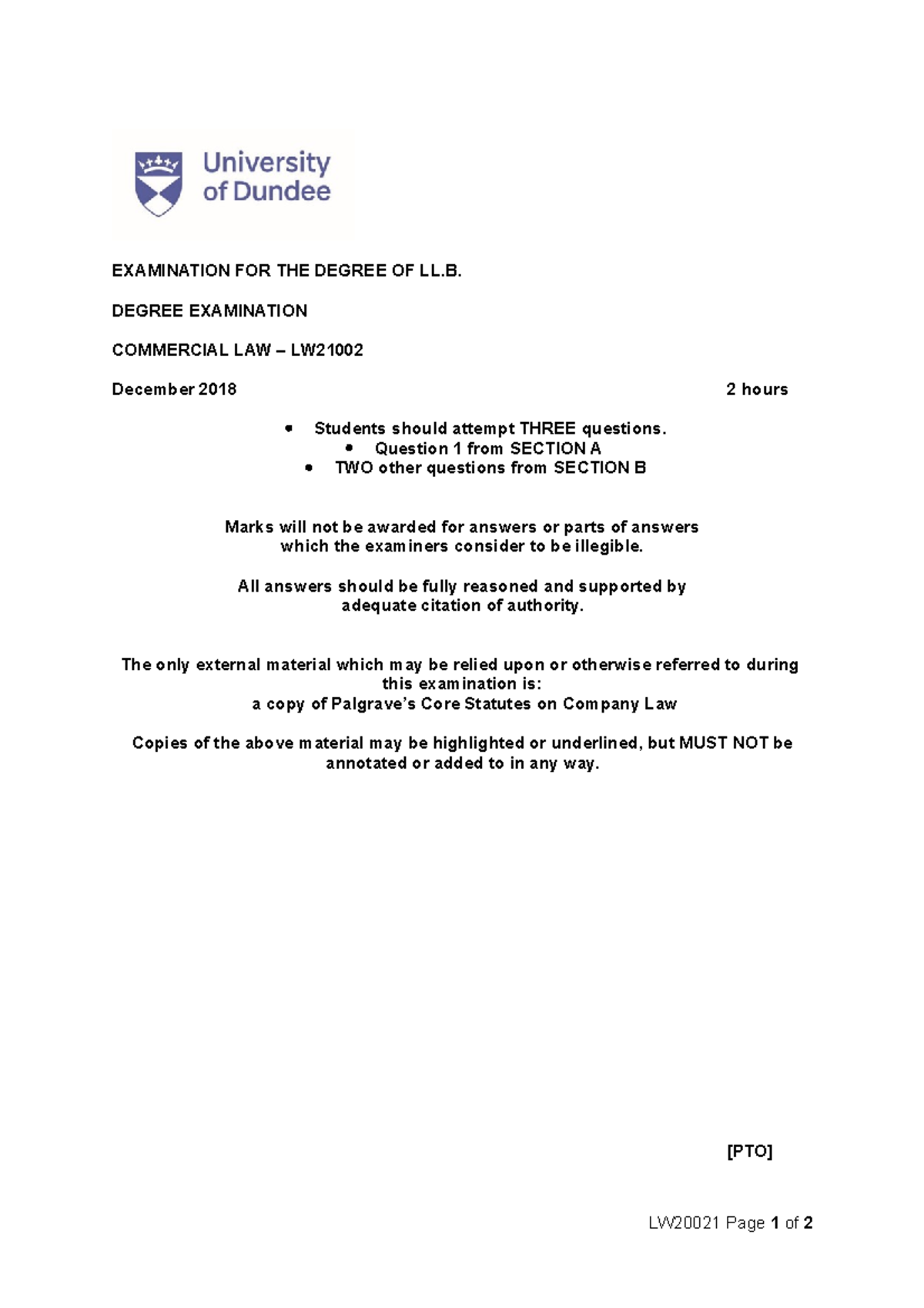 LW21002 - Draft - Commercial LAW - DEC 2018 - EXAMINATION FOR THE ...