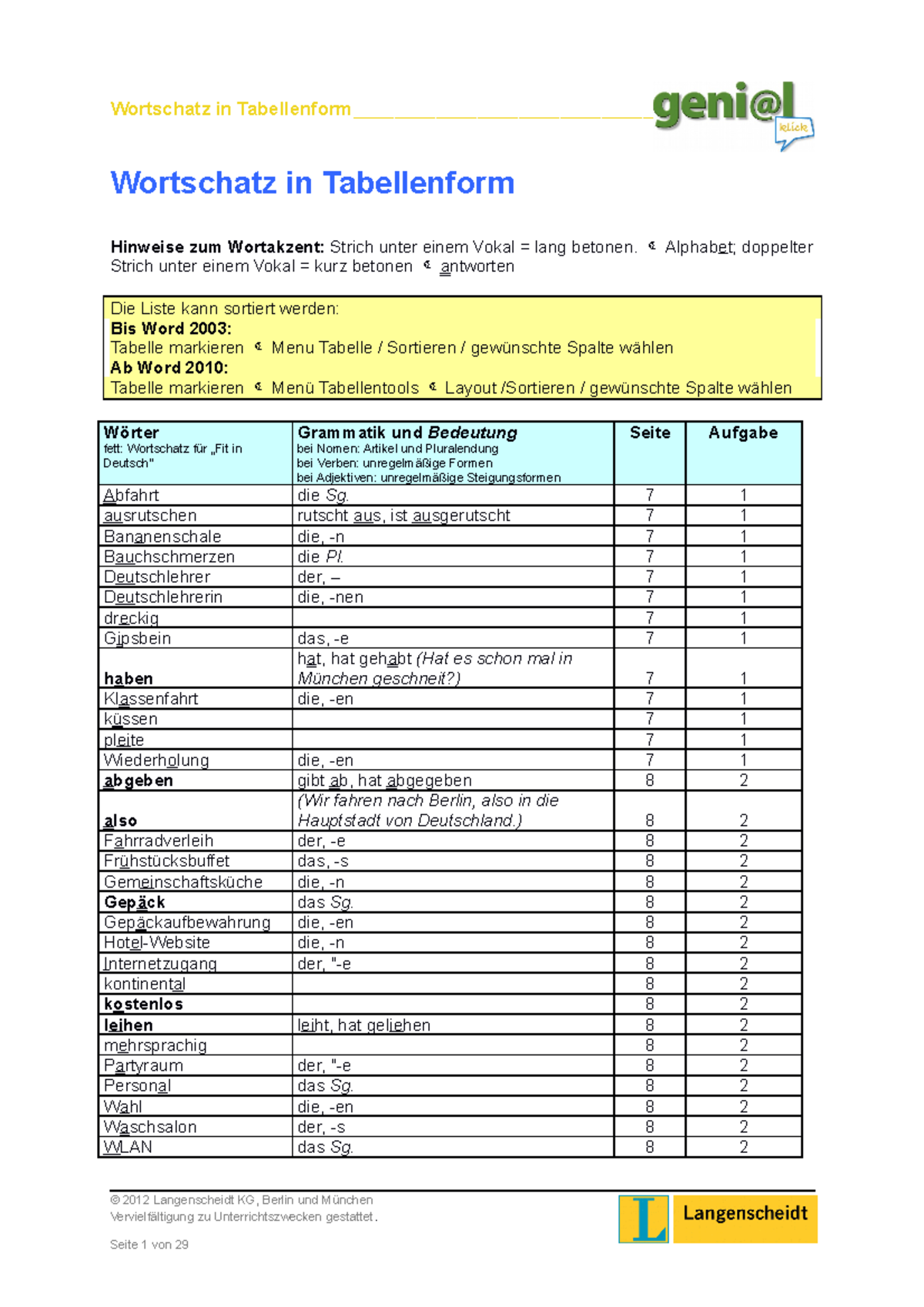 Wortliste sortierbar Word - Wortschatz in Tabellenform Hinweise zum Wortakzent: Strich unter ...