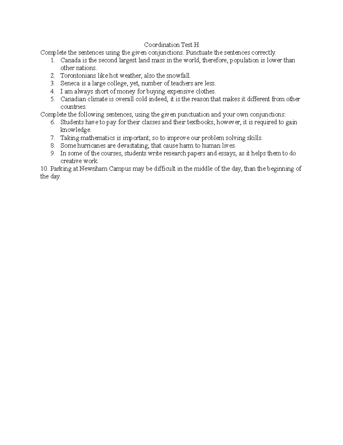 COM111 Coordination Test H - Coordination Test H Complete the sentences ...