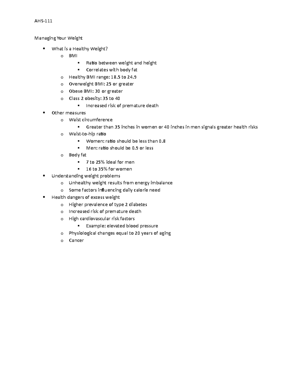 AHS Day 5 - Managing Your Weight - AHS-111 Managing Your Weight What is ...