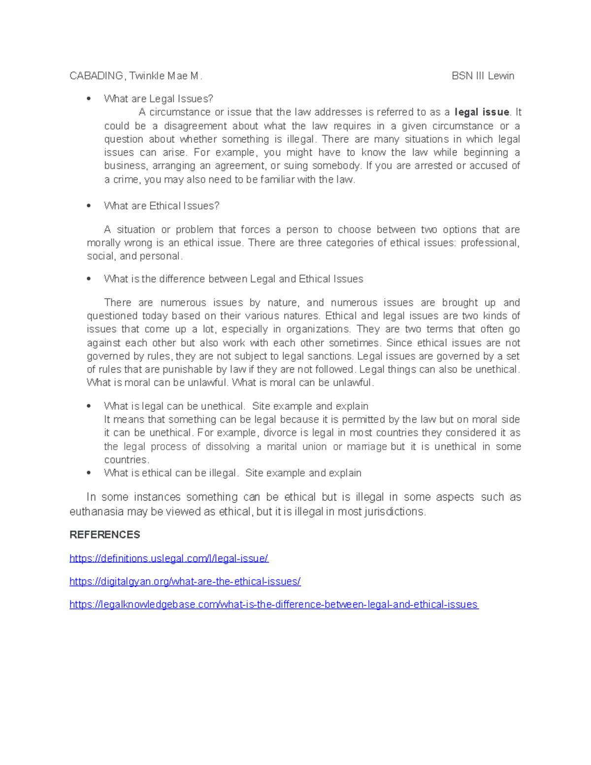 Cabading - Ethical and Legal - CABADING, Twinkle Mae M. BSN III Lewin ...