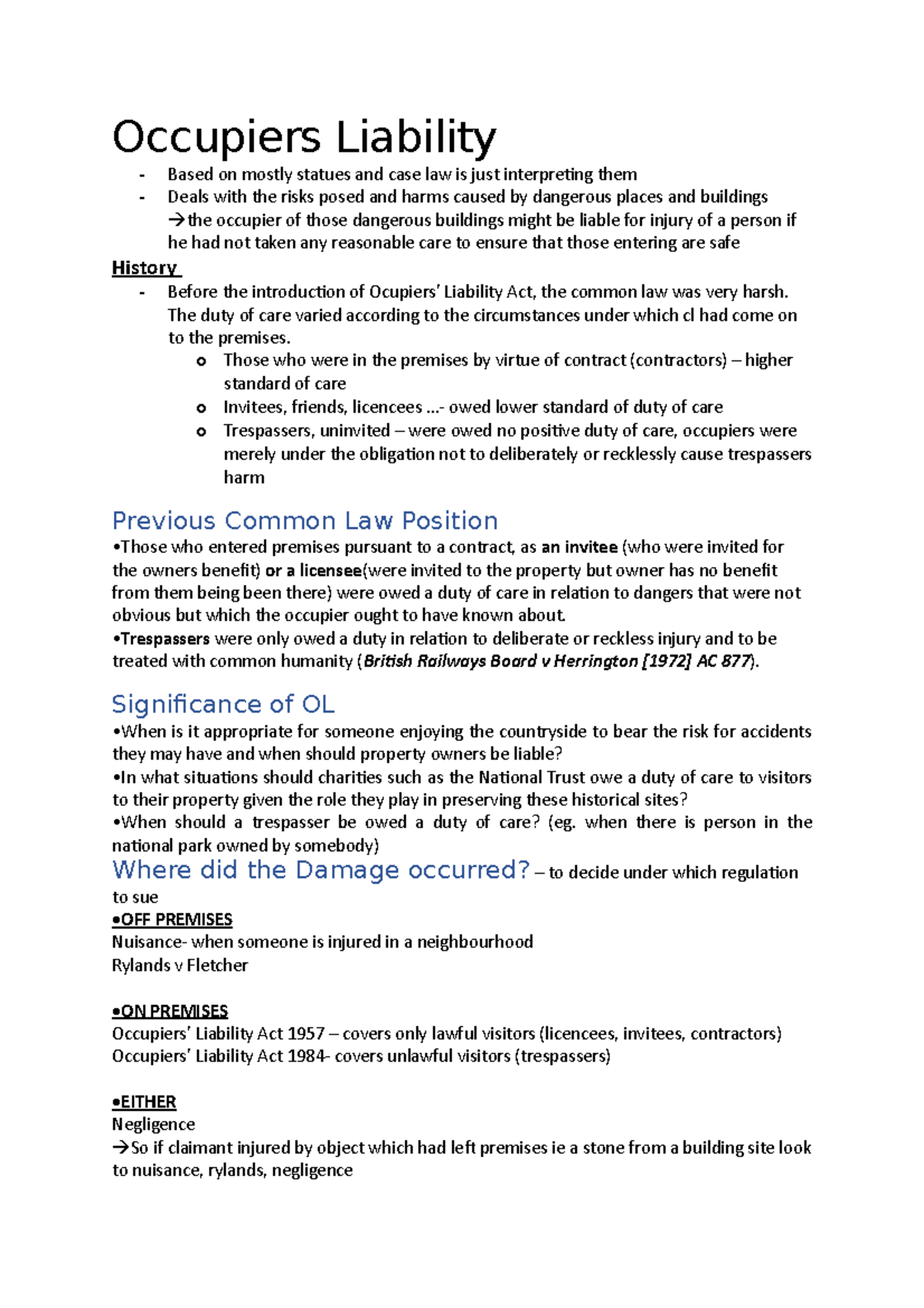Occupiers Liability - Occupiers Liability - Based on mostly statues and ...
