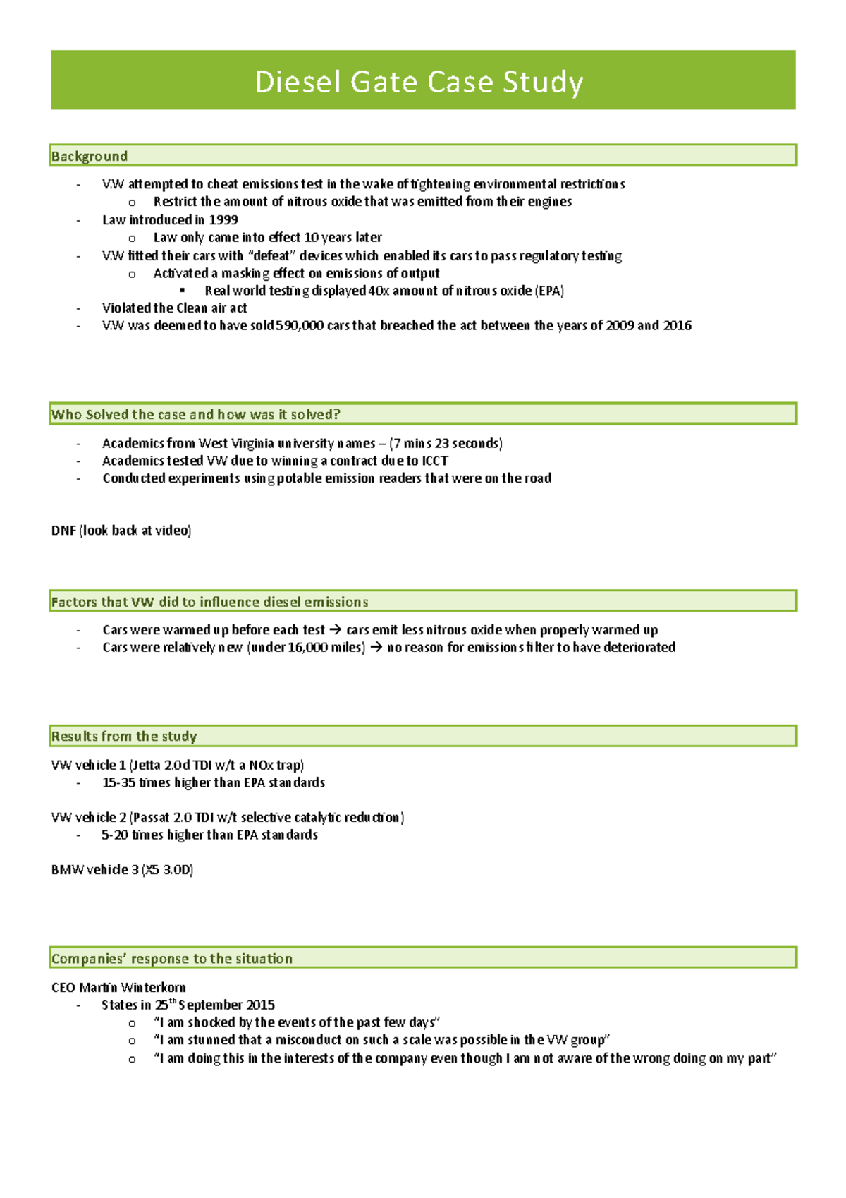 VW Diesel gate notes - Diesel Gate Case Study Background V attempted to ...