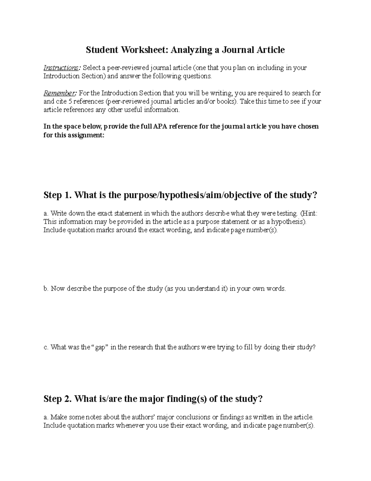Analyzing Articles Assignment, Spring 2023 - Student Worksheet ...